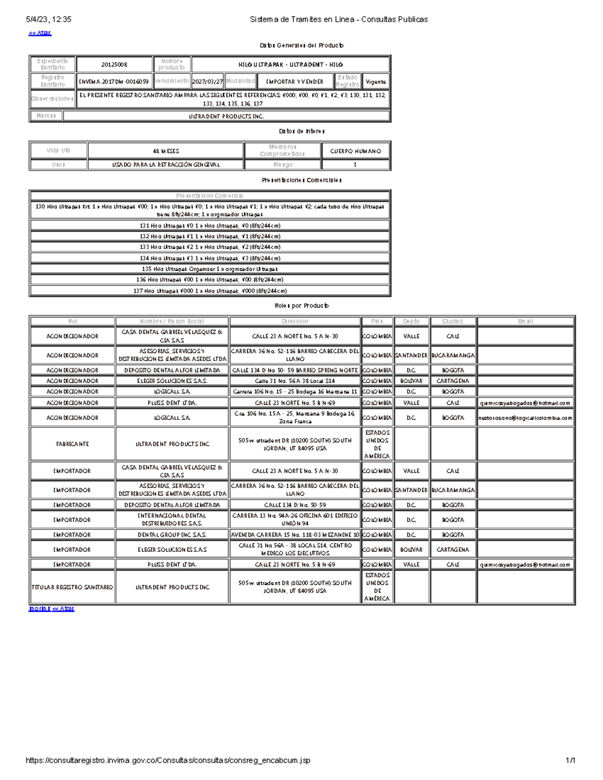 Registro Invima HILO Ultrapak - 5/4/23, 12:35 Sistema de Tramites en ...