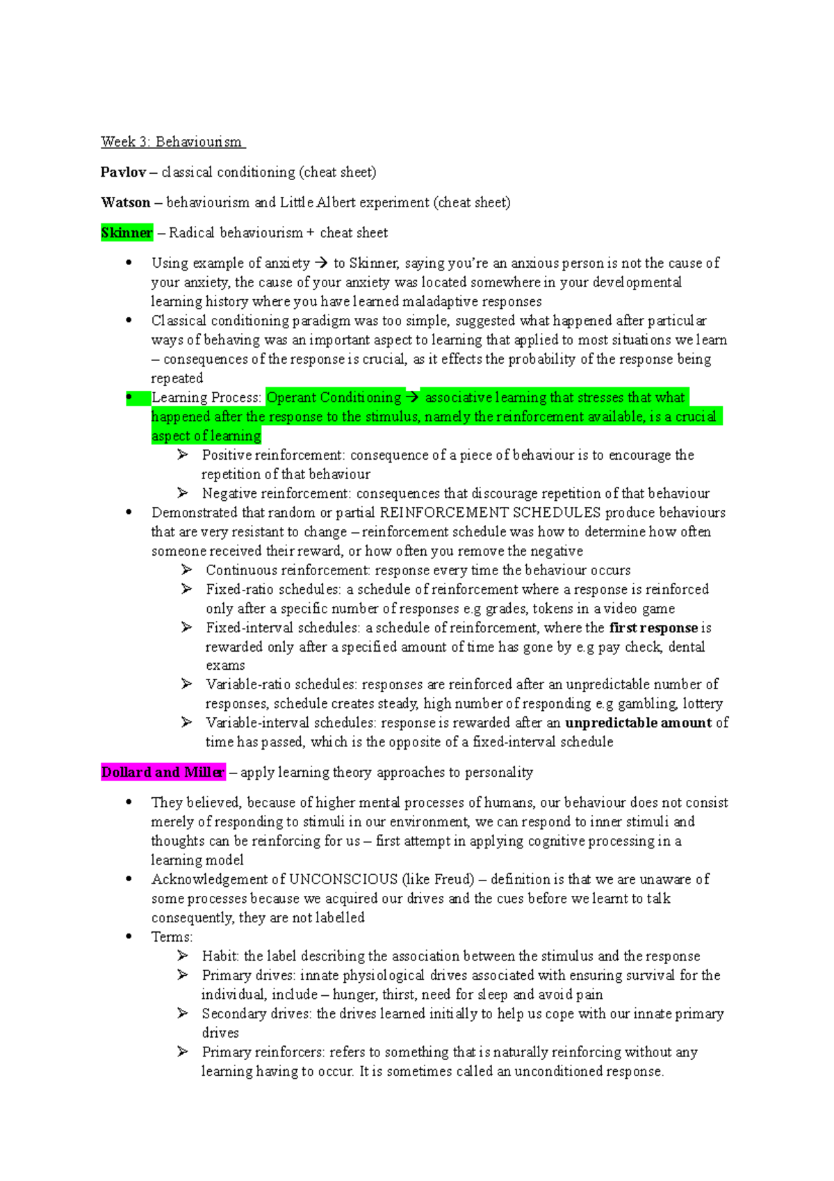 BEHV 2018 - Week 3 - Behaviorism and all theories and theorists summary ...