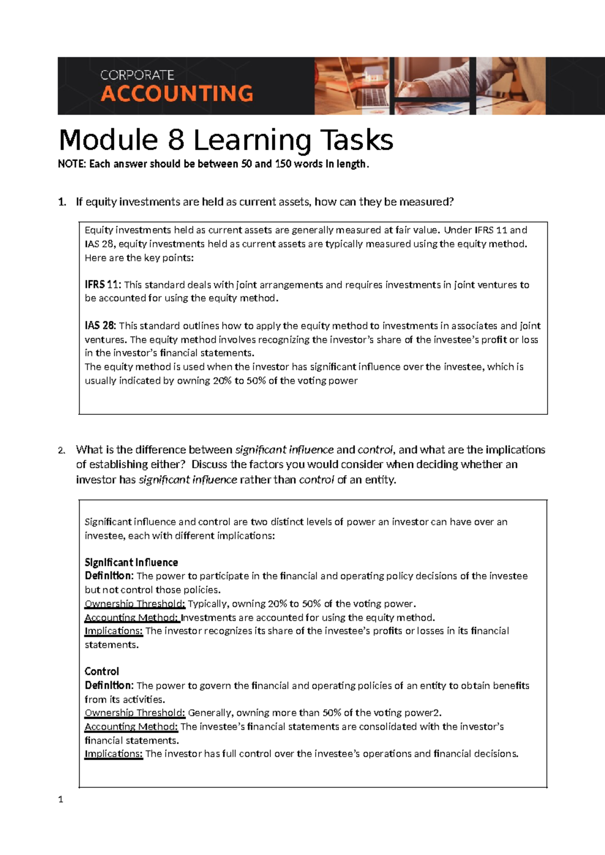 Module 8 Learning Tasks - Module 8 Learning Tasks NOTE: Each answer ...