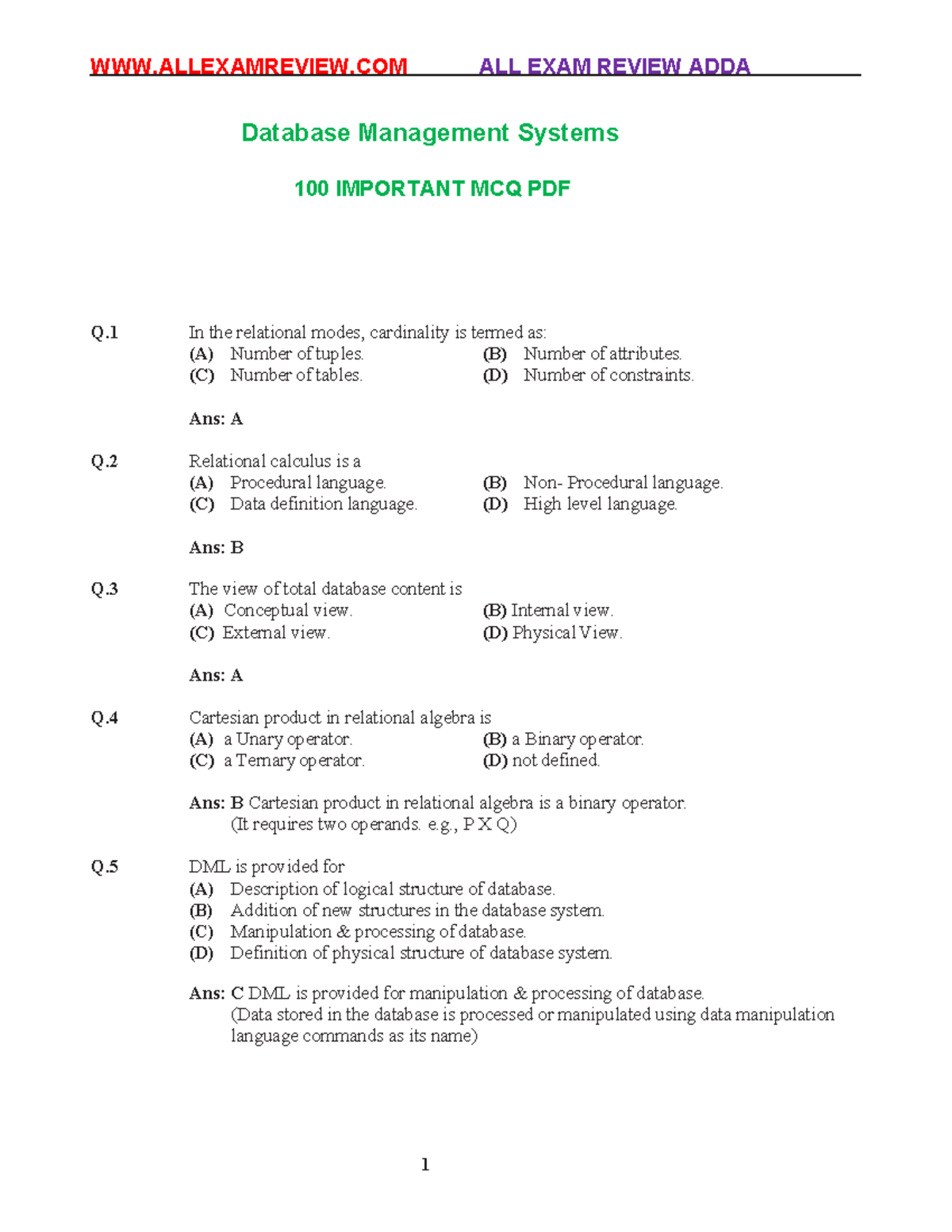 DBMS 100 MCQ PART 2 WWW. Allexamreview.COM - WWW.ALLEXAMREVIEW ALL EXAM ...