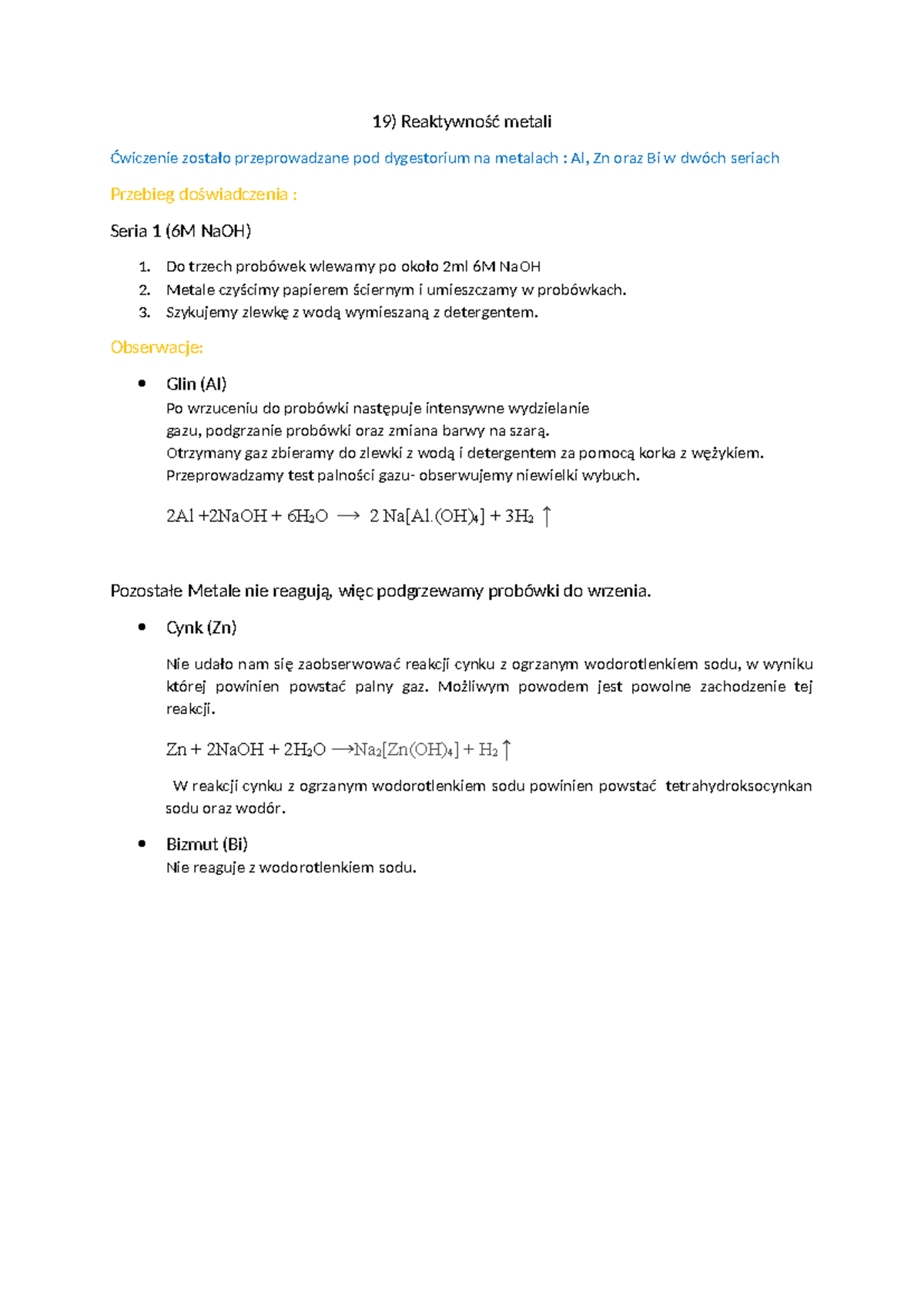 Chemia-19 - 19) Reaktywność metali Ćwiczenie zostało przeprowadzane pod dygestorium na metalach ...