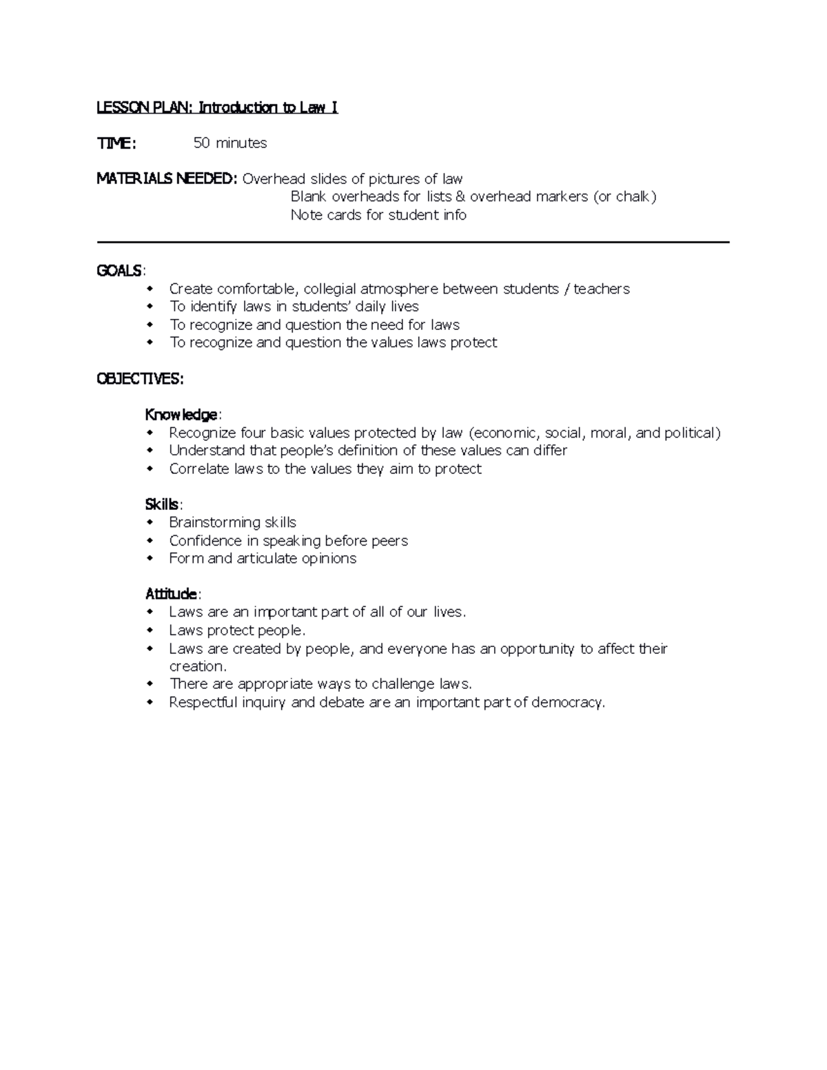 Intro to Law - LESSON PLAN: Introduction to Law I TIME: 50 minutes ...