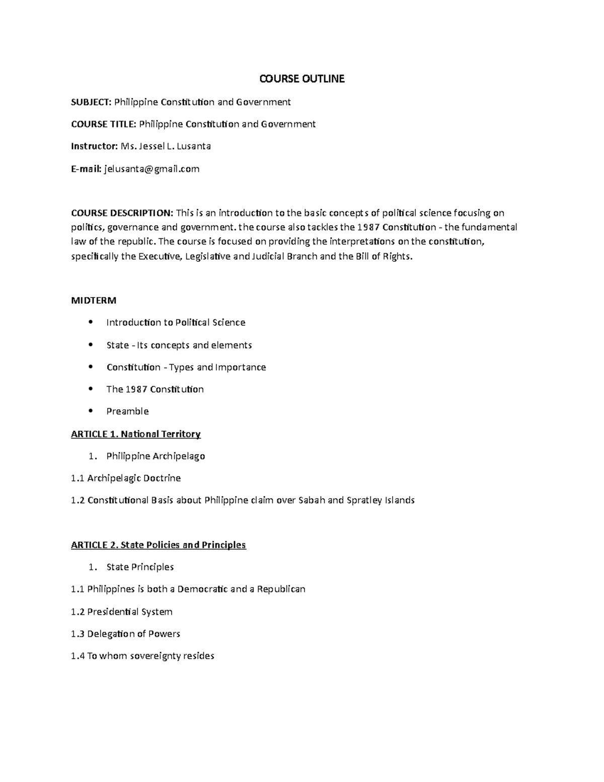 Overview OF Politics AND THE PHIL Constitution - COURSE OUTLINE SUBJECT ...