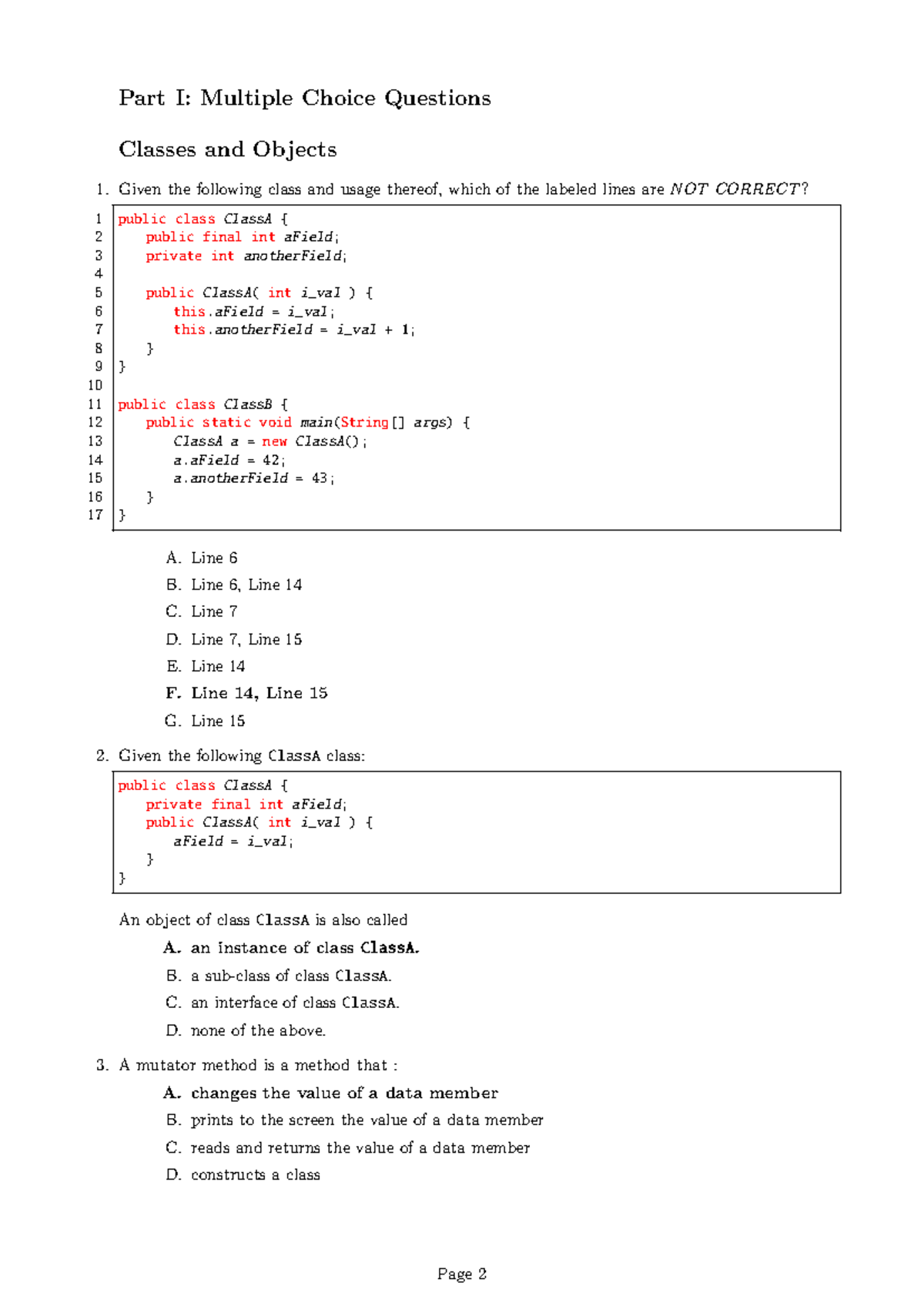 EECS2030 F21 Example Exam Questions Solution - Part I: Multiple Choice Questions Classes and ...