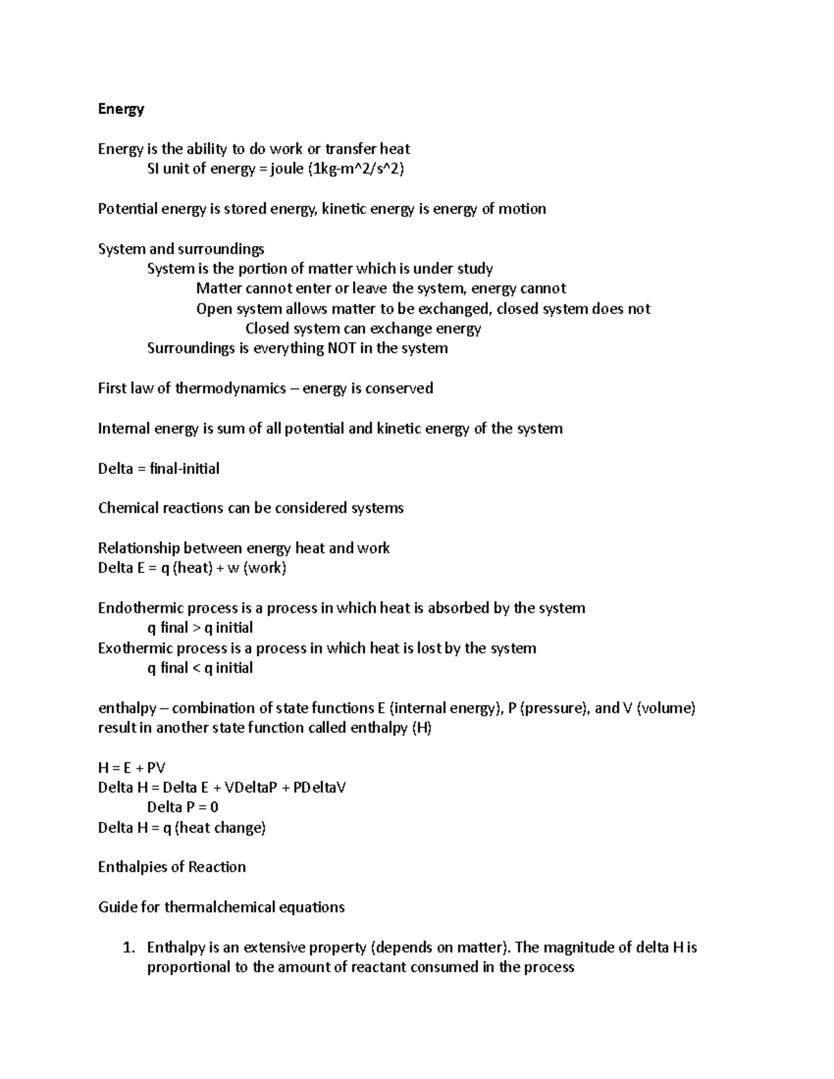 CH110 Chapter 5 - Energy Energy is the ability to do work or transfer heat SI unit of energy ...