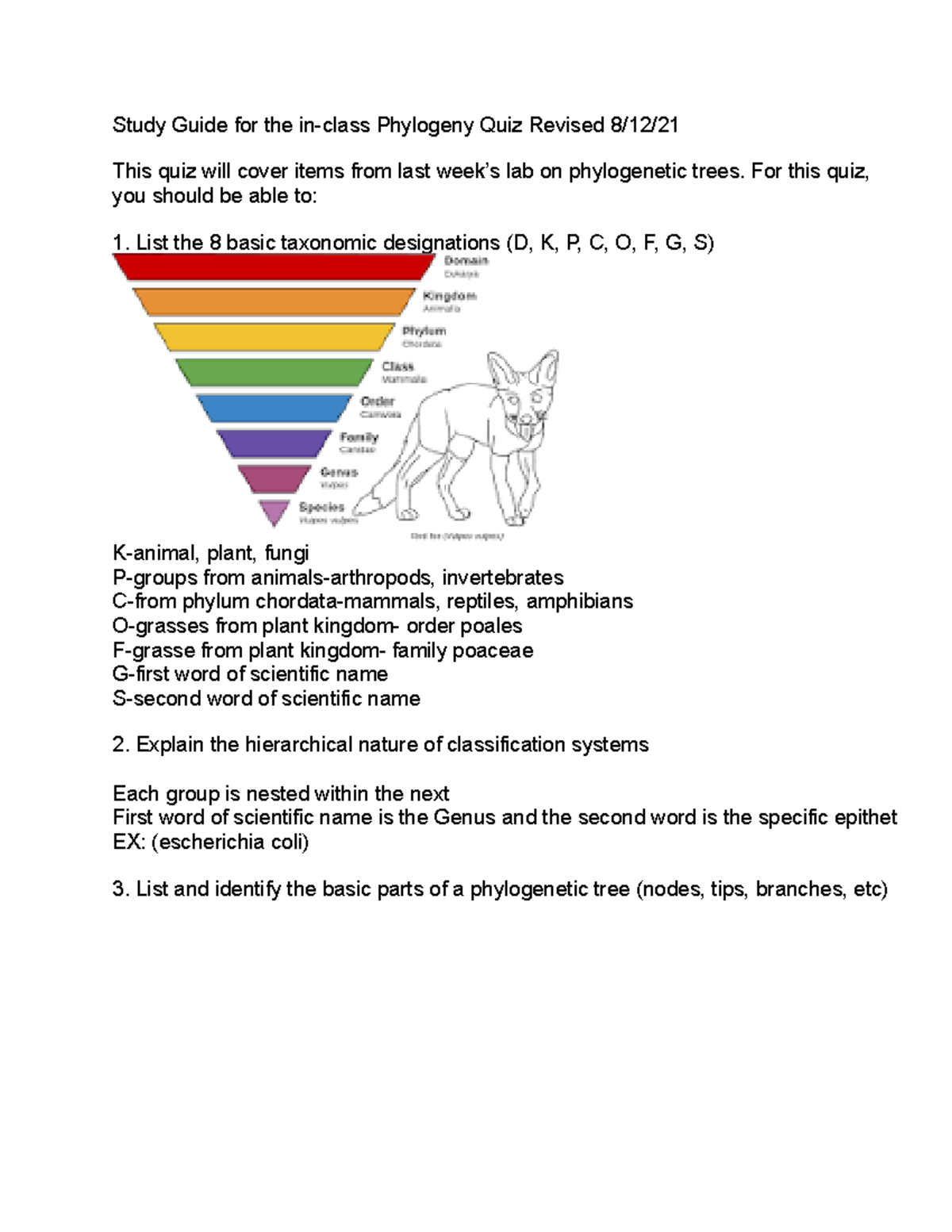 Study guide for phylogeny quiz - Study Guide for the in-class Phylogeny ...