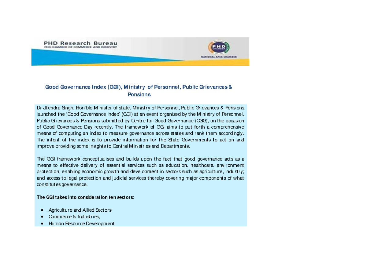Good Governance Index GGI Ministry of Personnel Public Grievances ...