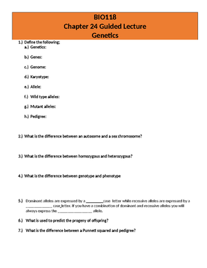 Chaptet 24 bio 118 genectic - BIO Chapter 24 Guided Lecture Genetics 1 ...