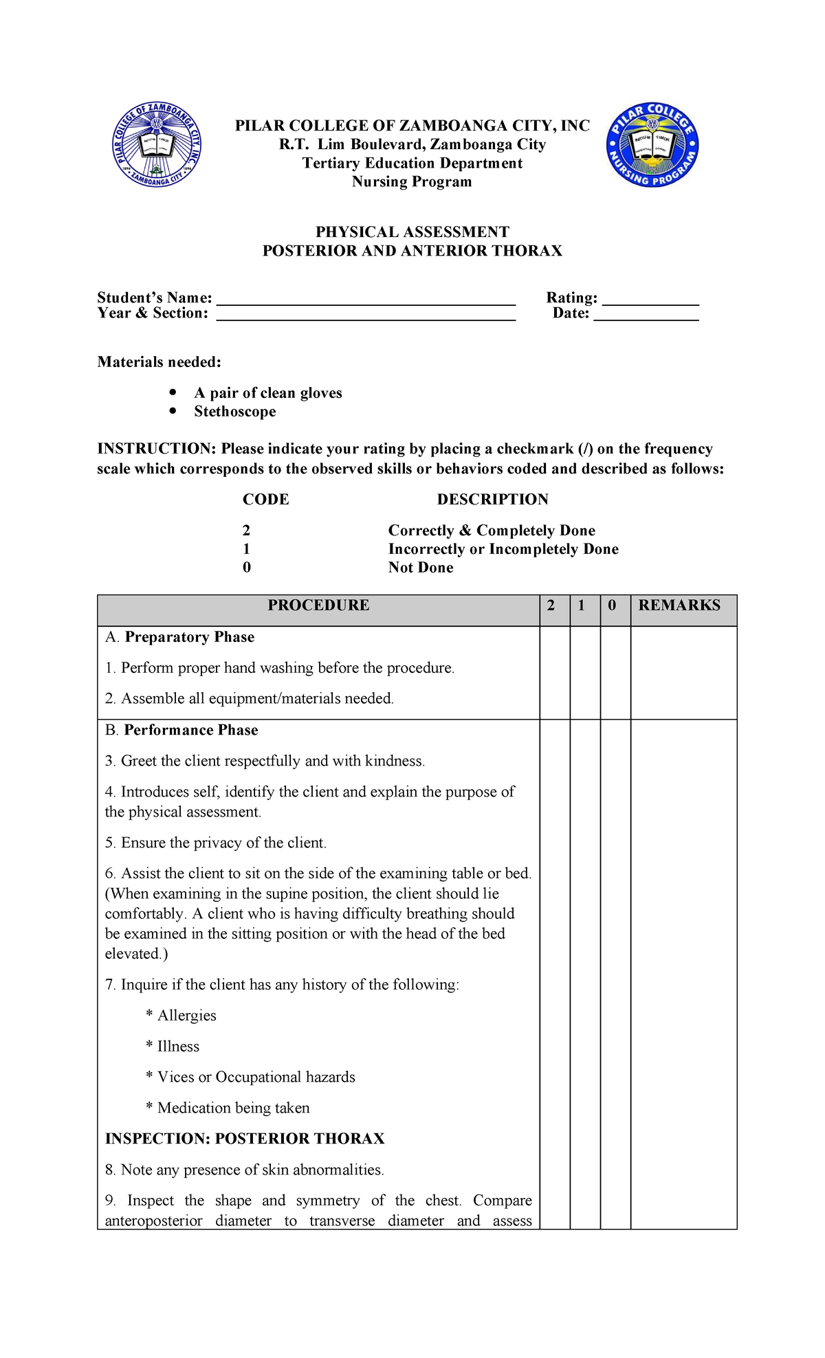 HA checklist Thorax Breast Heart Abdomen 3 - PILAR COLLEGE OF ZAMBOANGA ...