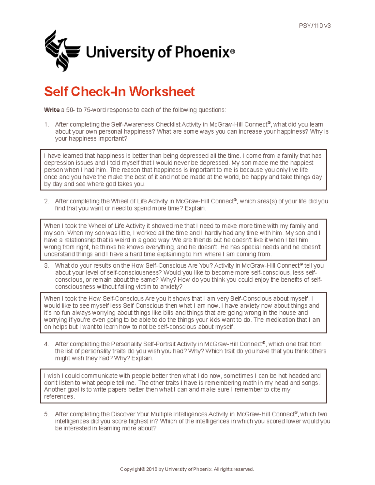 PSY110 v3Tabitha Eanes wk1 self check in worksheet - PSY/110 v Self ...