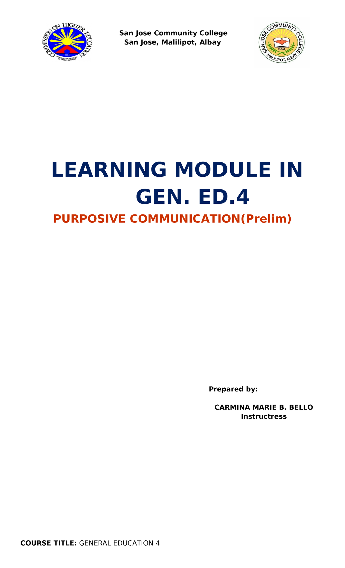 Prelim-Module - seatwork - San Jose Community College San Jose, Malilipot, Albay LEARNING MODULE ...