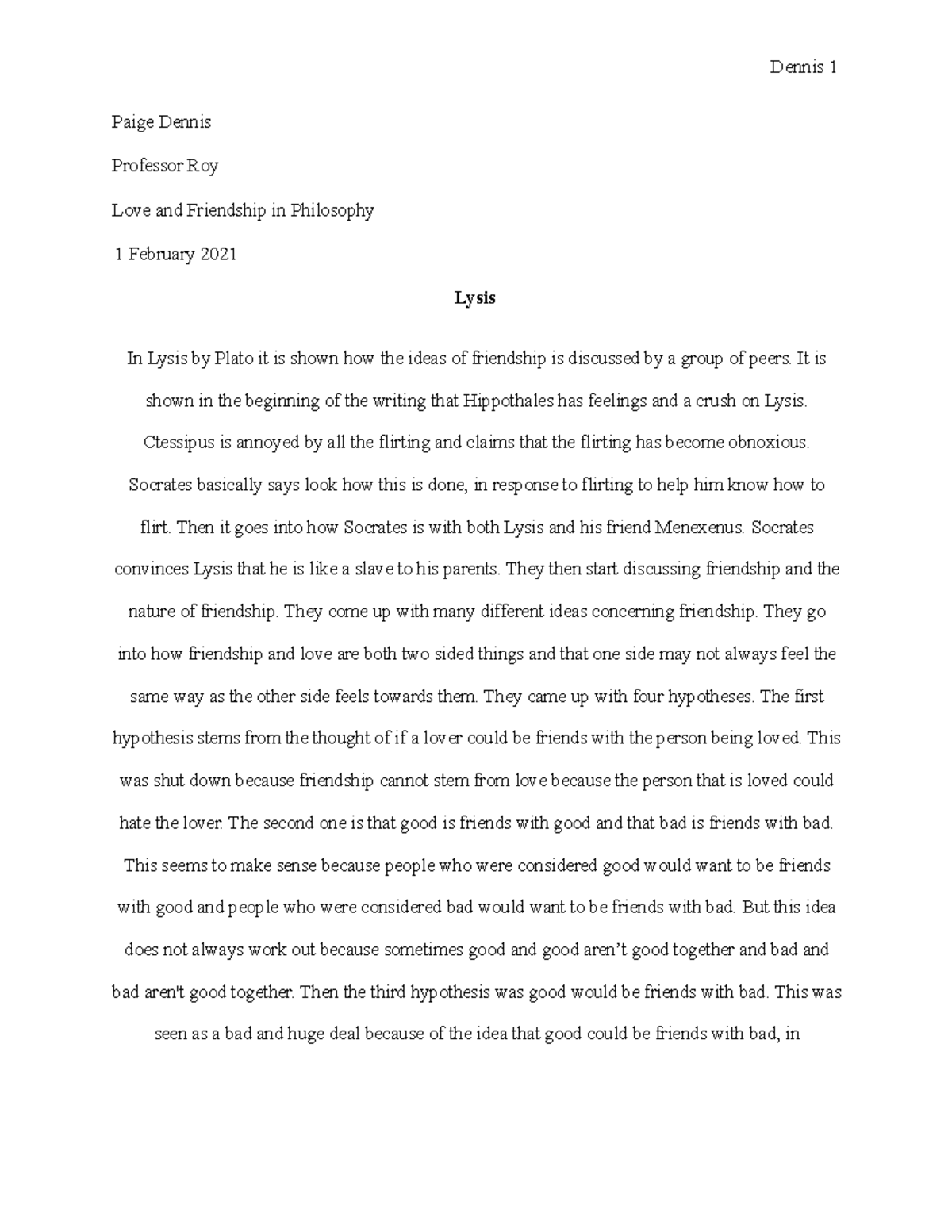 HW 2 1 paper for class - Dennis 1 Paige Dennis Professor Roy Love and ...