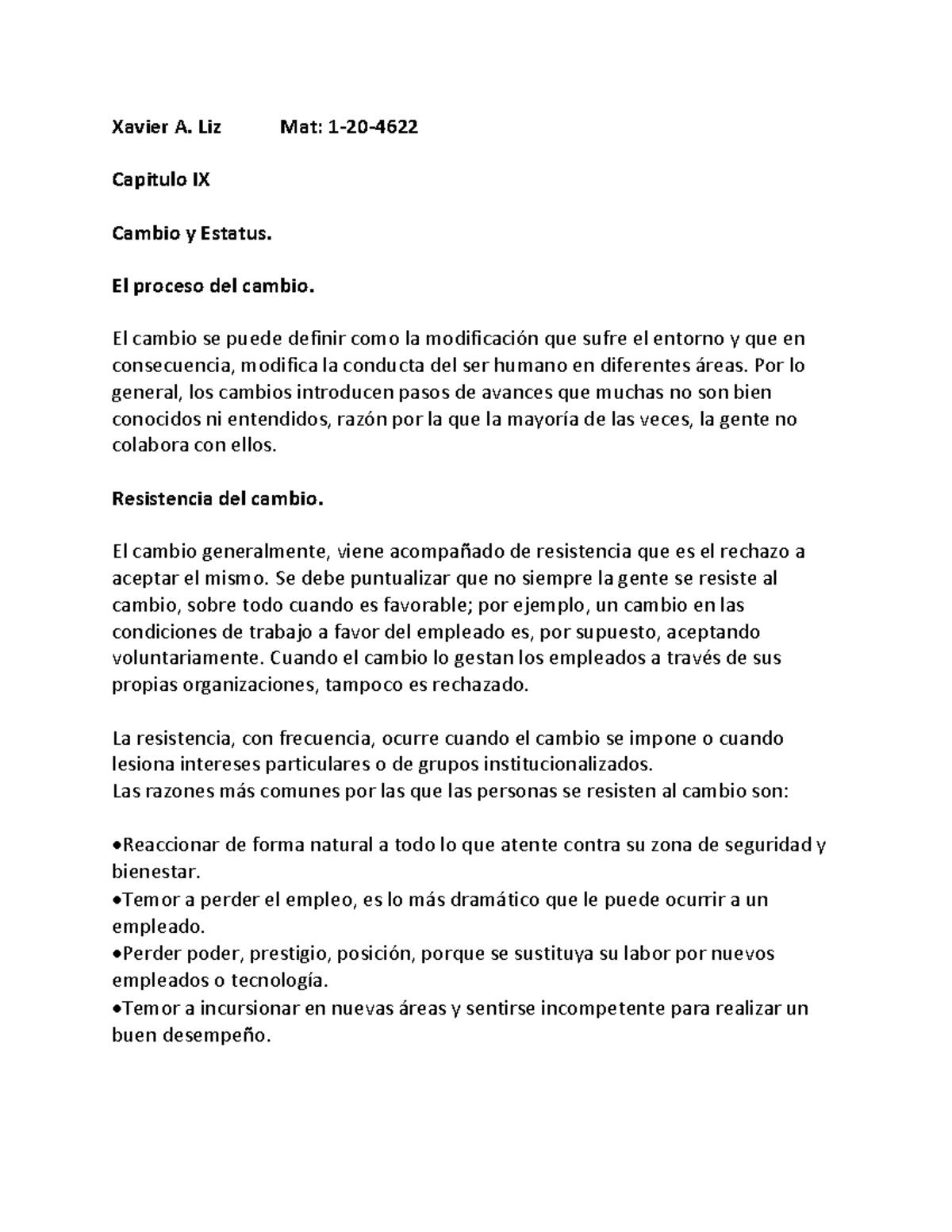 Capitulos IX, X, XI - Xavier A. Liz Mat: 1-20- Capitulo IX Cambio y ...