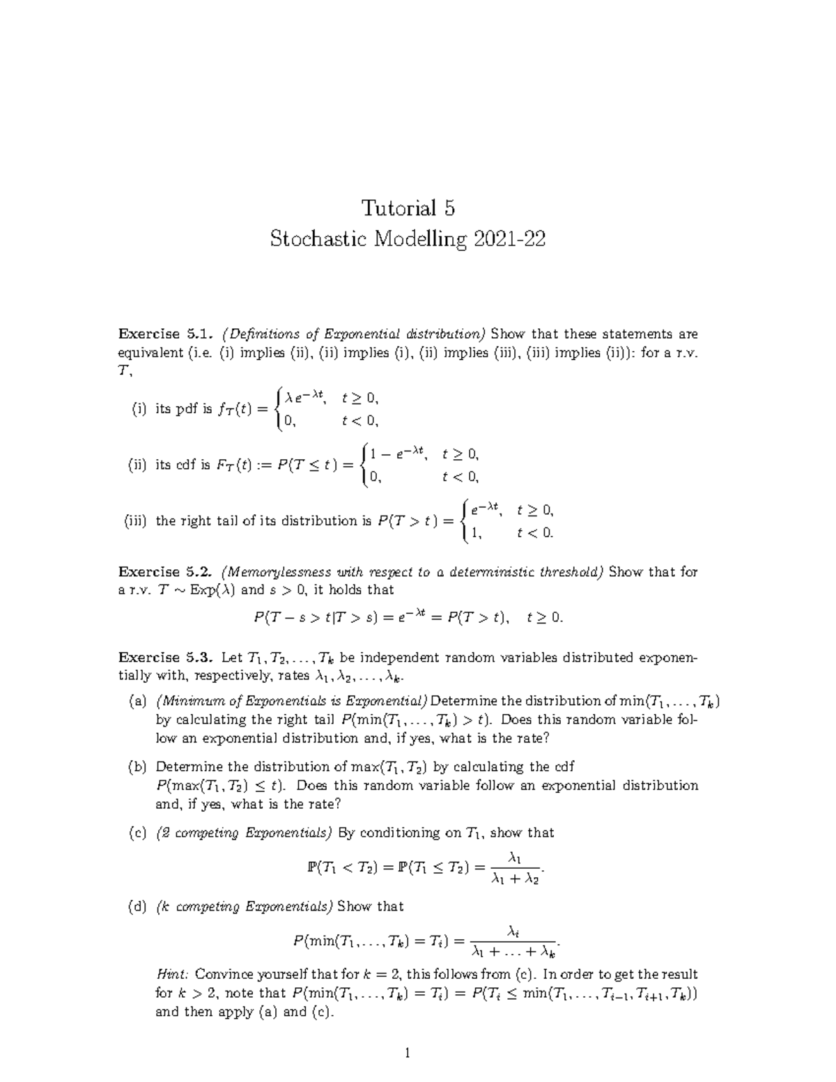 Tutorial 5 - Tutorial 5 Stochastic Modelling 2021- Exercise 5 ...