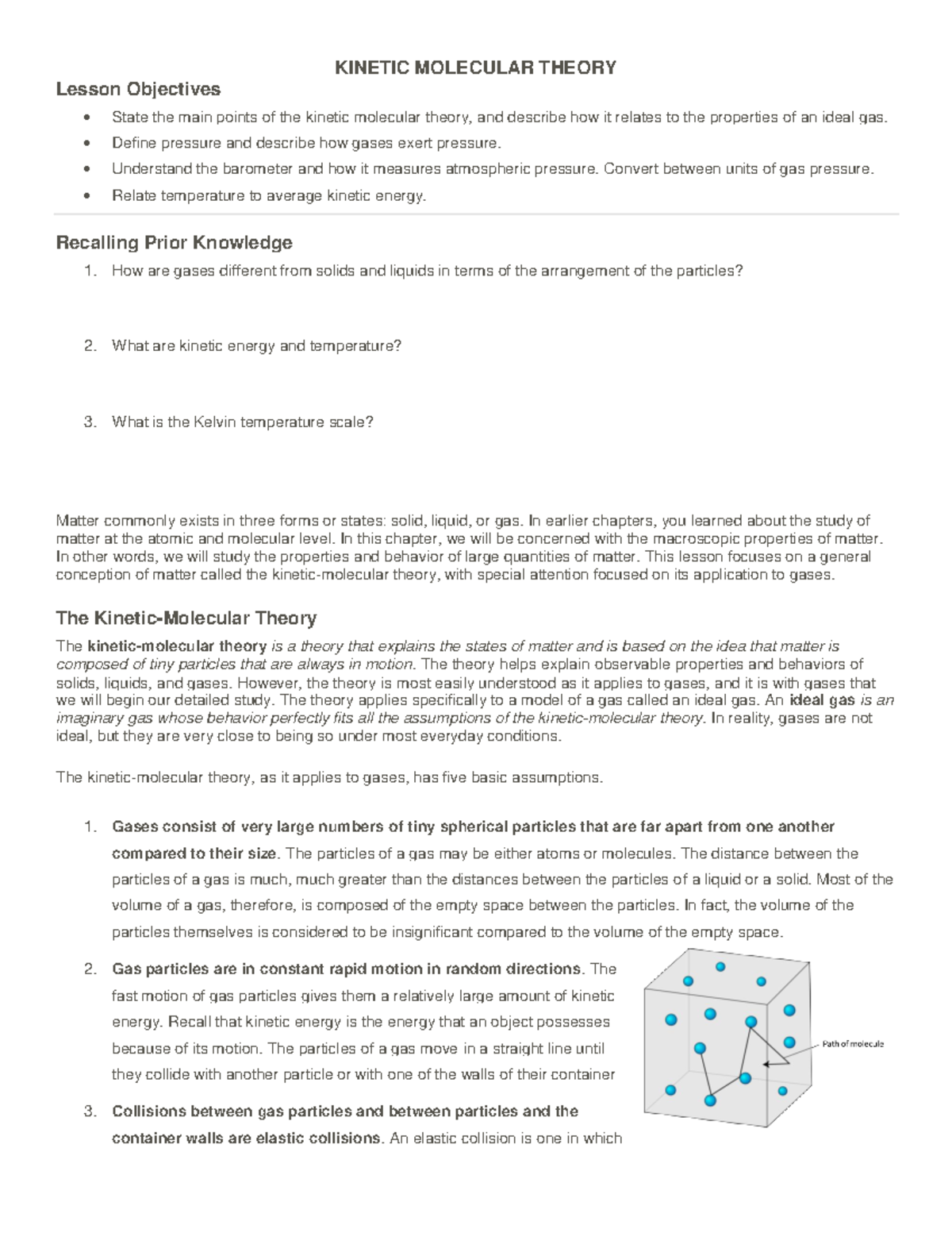 Kinetic Molecular Theory - KINETIC MOLECULAR THEORY Lesson Objectives ...