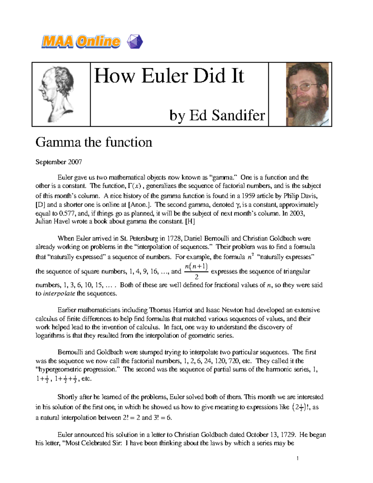 HEDI-2007-09 - How Euler Did It by Ed Sandifer Gamma the function ...