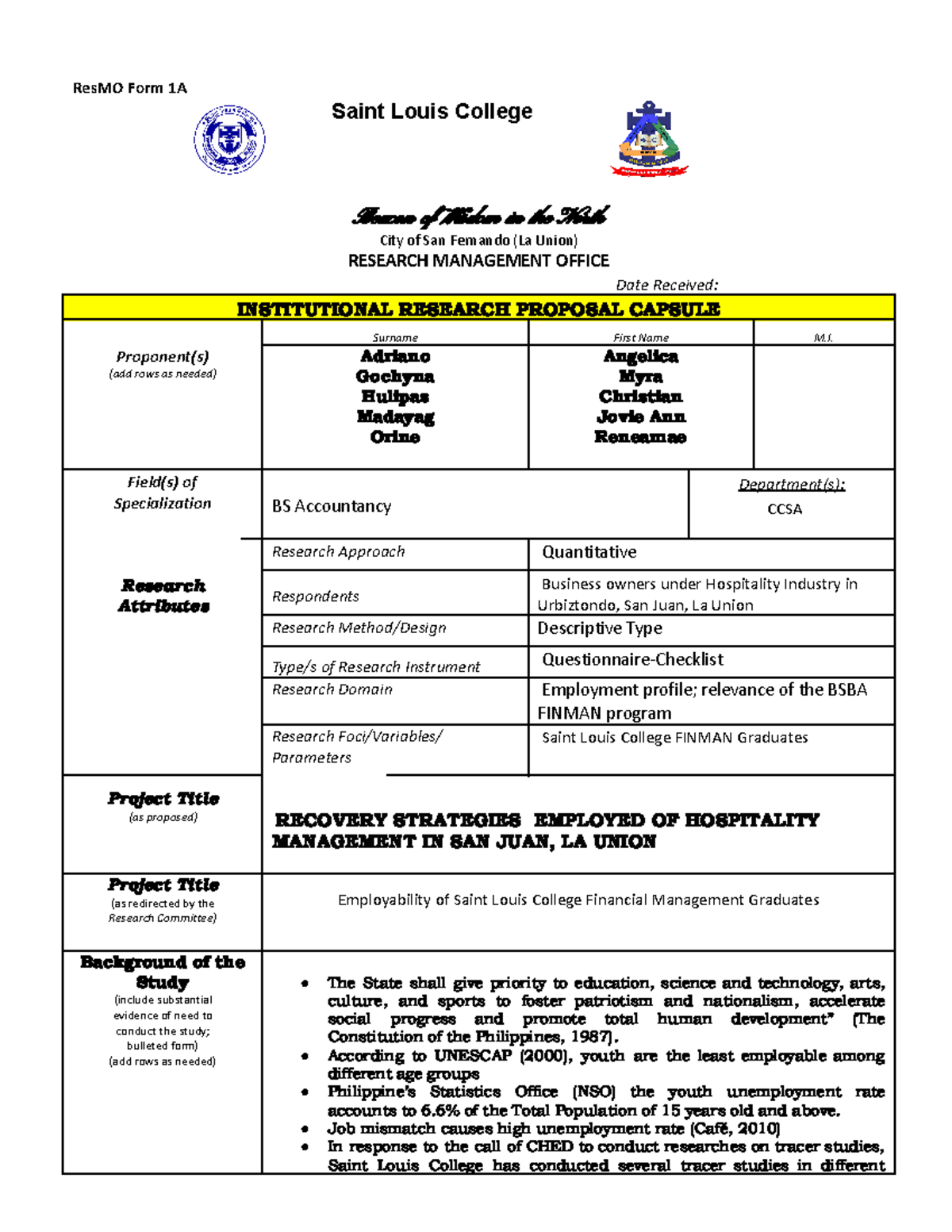 Proposal-Tracer-Study BSBA - ResMO Form 1A Saint Louis College Beacon ...