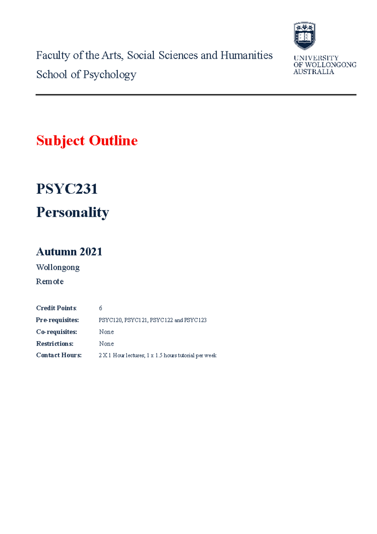 PSYC231 subject outline - Faculty of the Arts, Social Sciences and ...