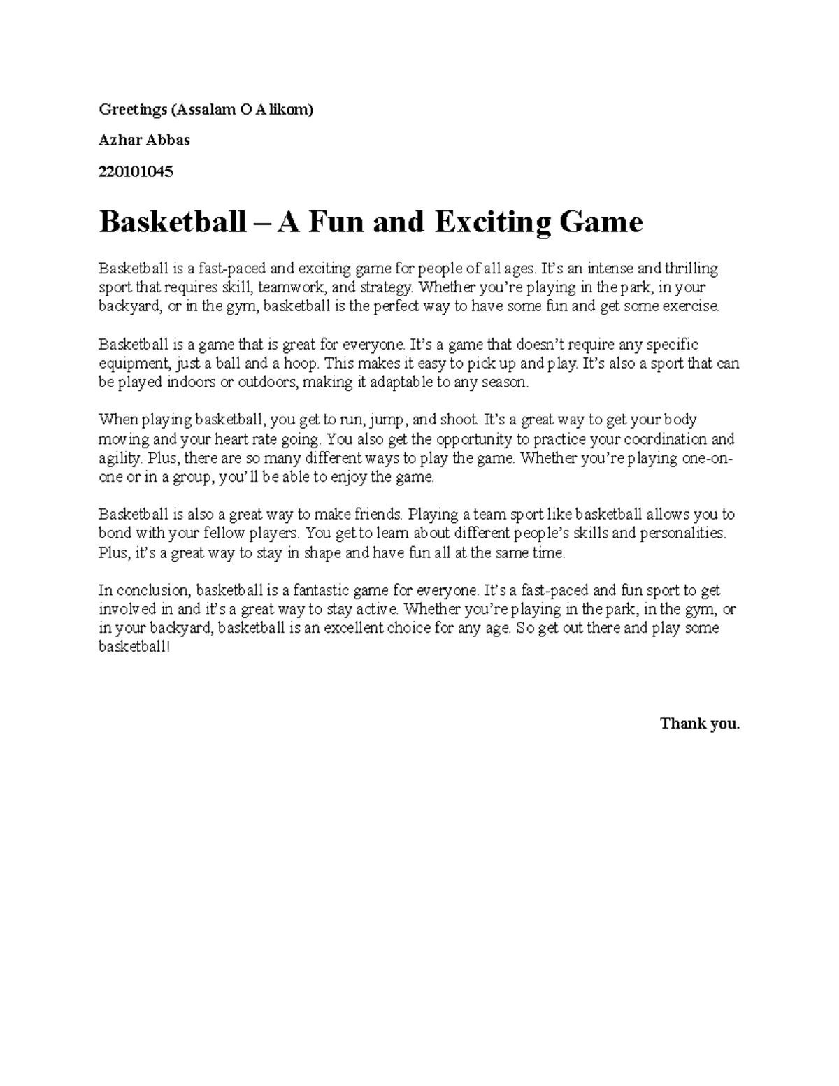 Basket ball game - speech on which someone can talk - Greetings ...