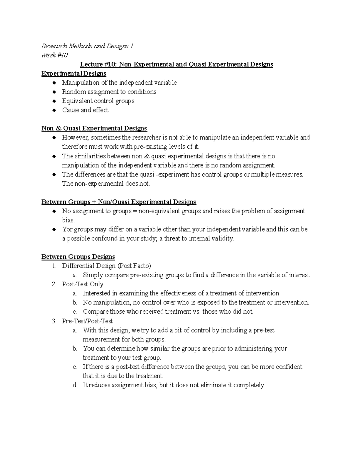 Lecture #10 - Research Methods and Designs 1 Week # Lecture #10: Non ...