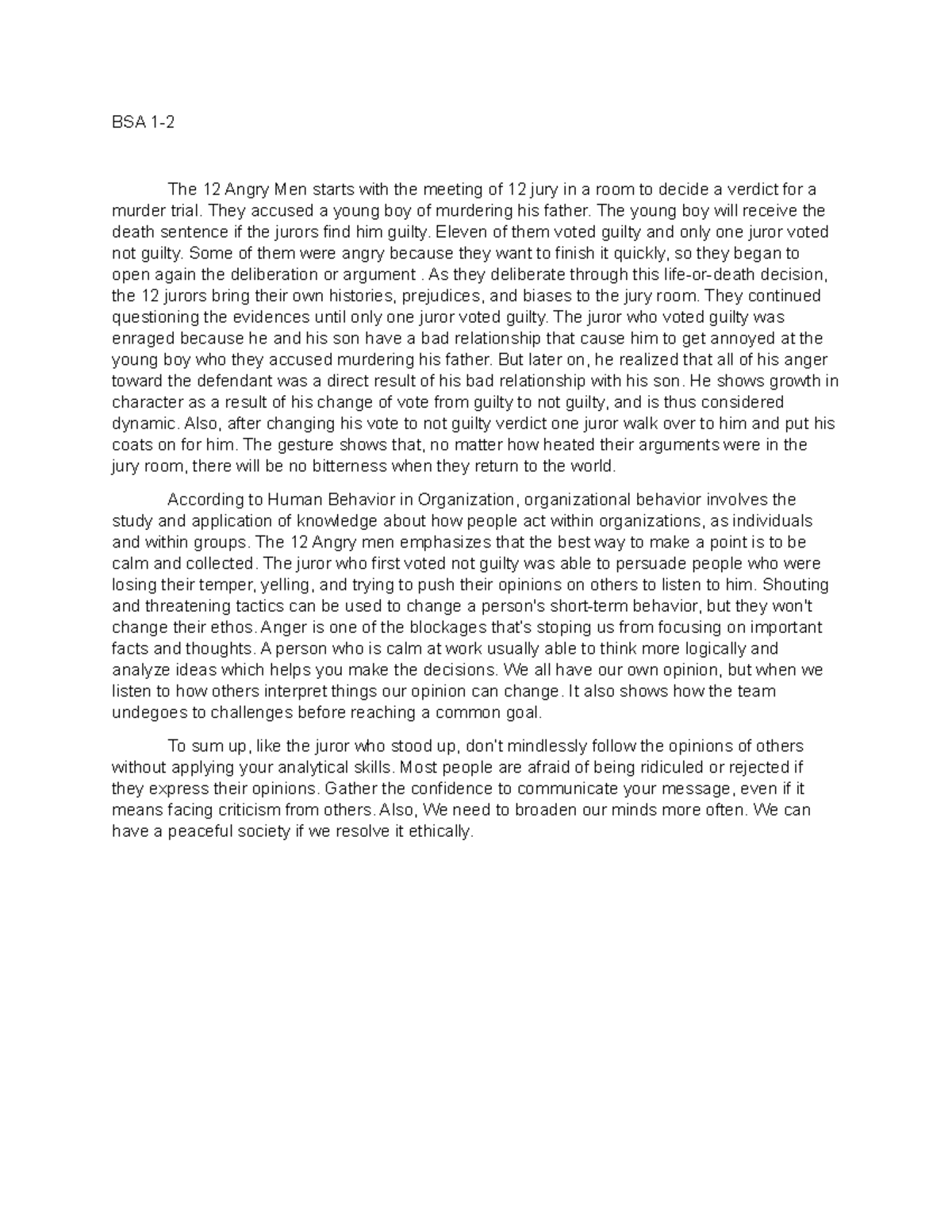 12 Angry Men - BSA 1- The 12 Angry Men starts with the meeting of 12 ...