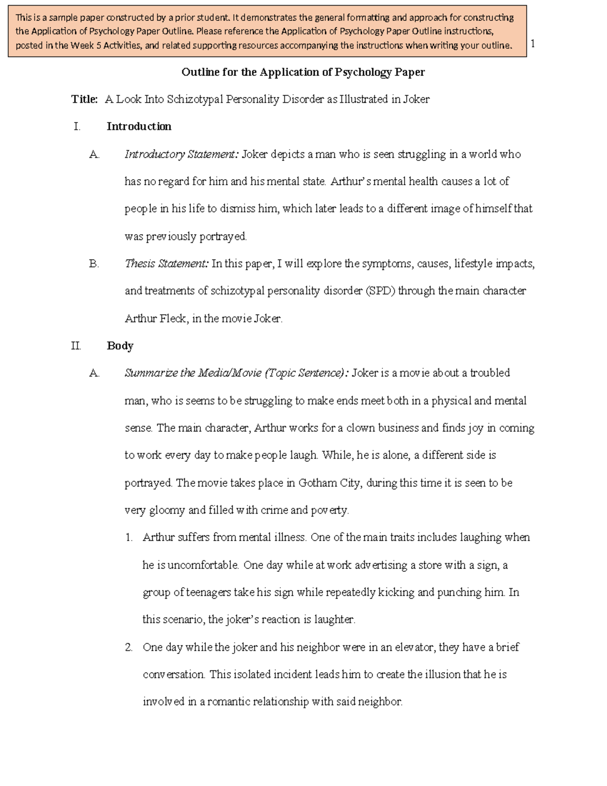 Application of Psychology Outline Example Joker - 1 Outline for the ...