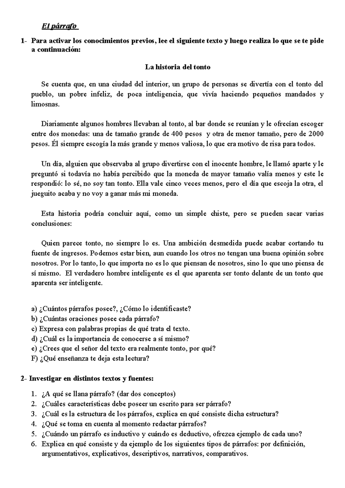 EL Parrafo - Práctica sobre el párrafo - El párrafo 1- Para activar los ...