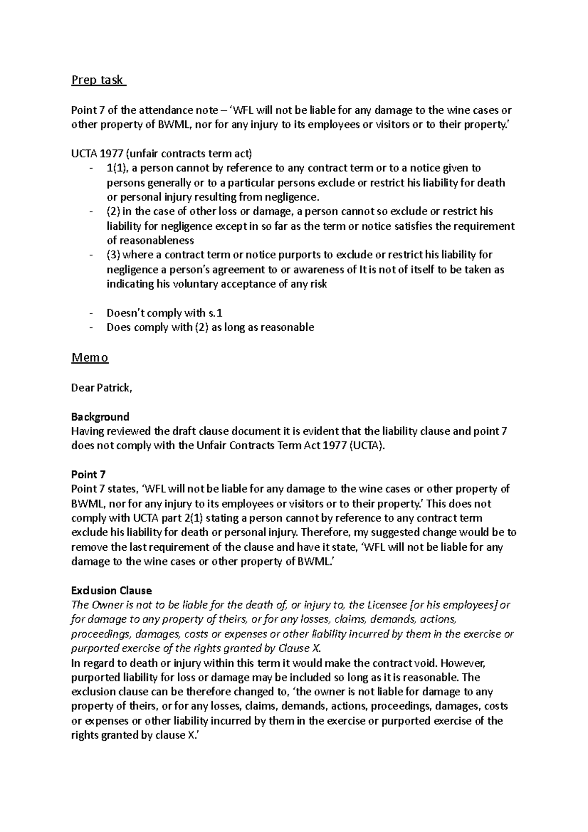 Drafting prep - Prep task Point 7 of the attendance note – ‘WFL will ...