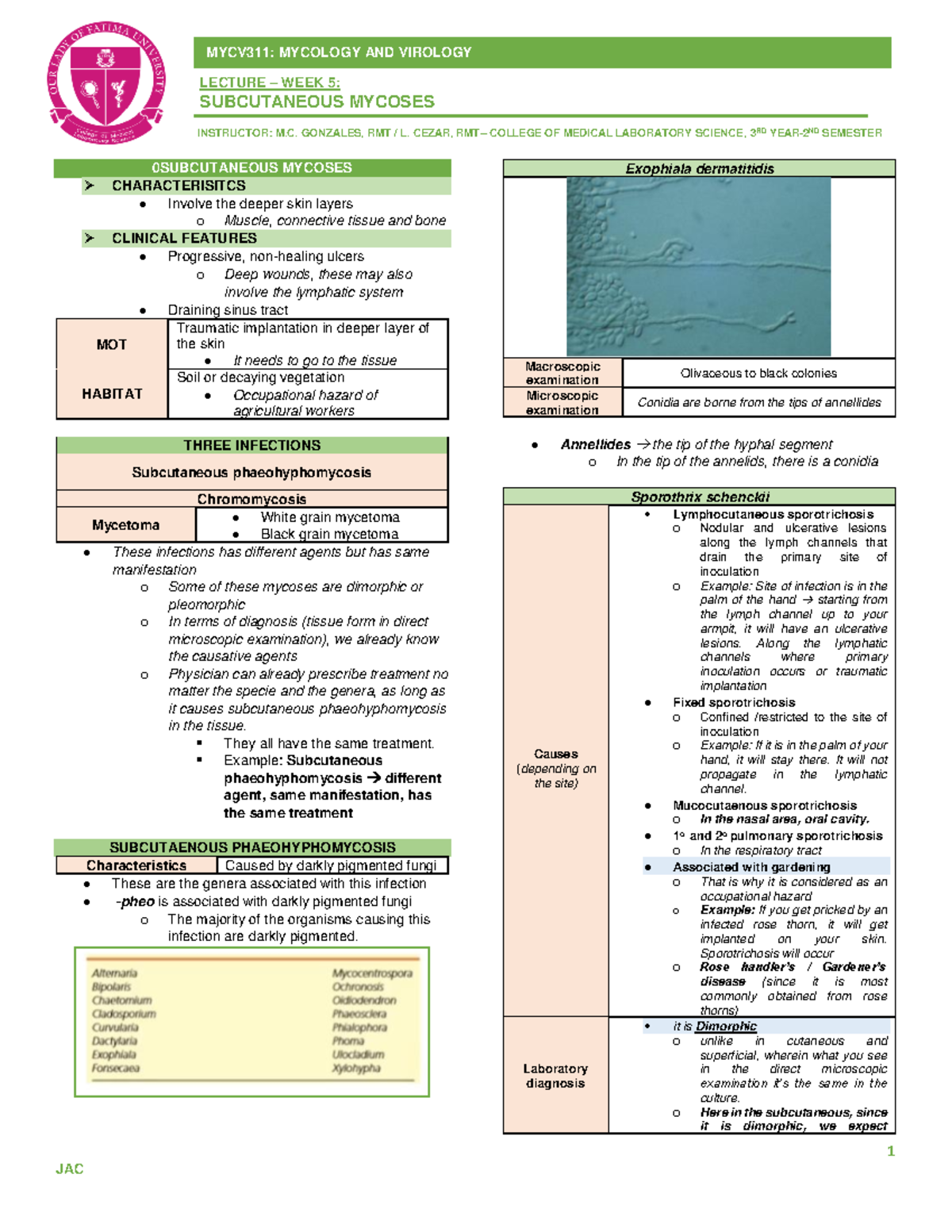 Lec Week 4a MYCV311 - M.C.G - 1 LECTURE – WEEK 5: SUBCUTANEOUS MYCOSES INSTRUCTOR: M. GONZALES ...