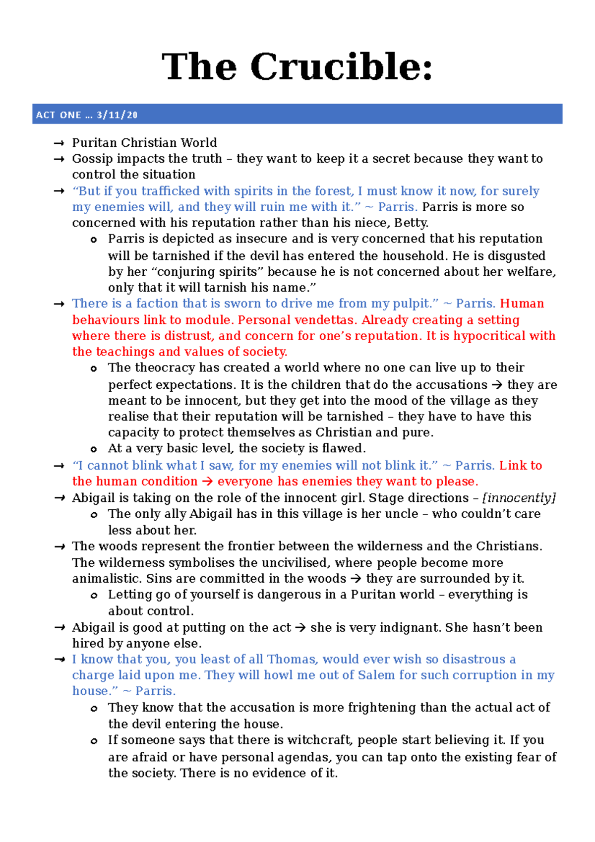 The Crucible - Lecture notes 3 - The Crucible: ACT ONE ... 3/11 ...
