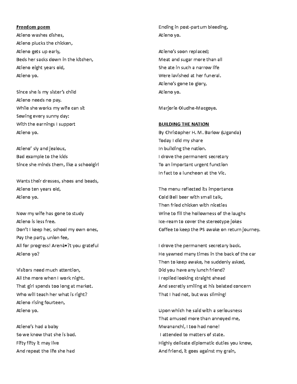 Poems form 2 - Freedom poem Atieno washes dishes, Atieno plucks the ...