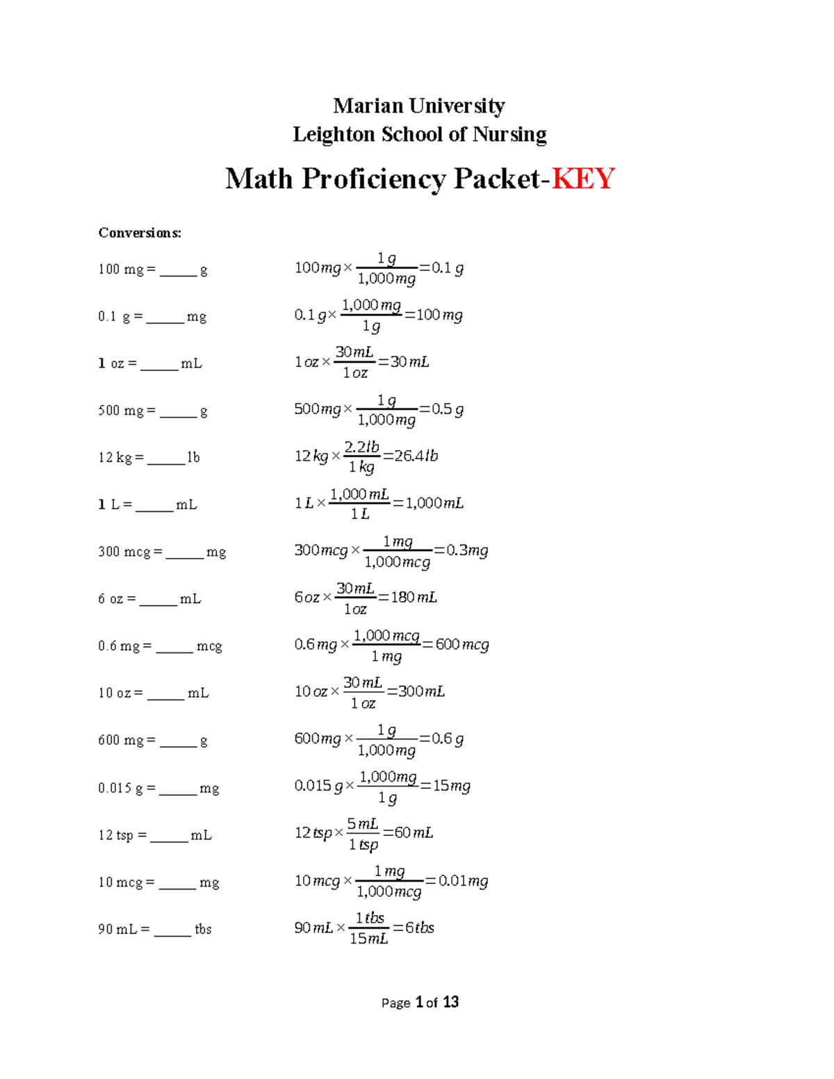 Math Proficiency Practice Packet KEY-2024 - Marian University Leighton ...