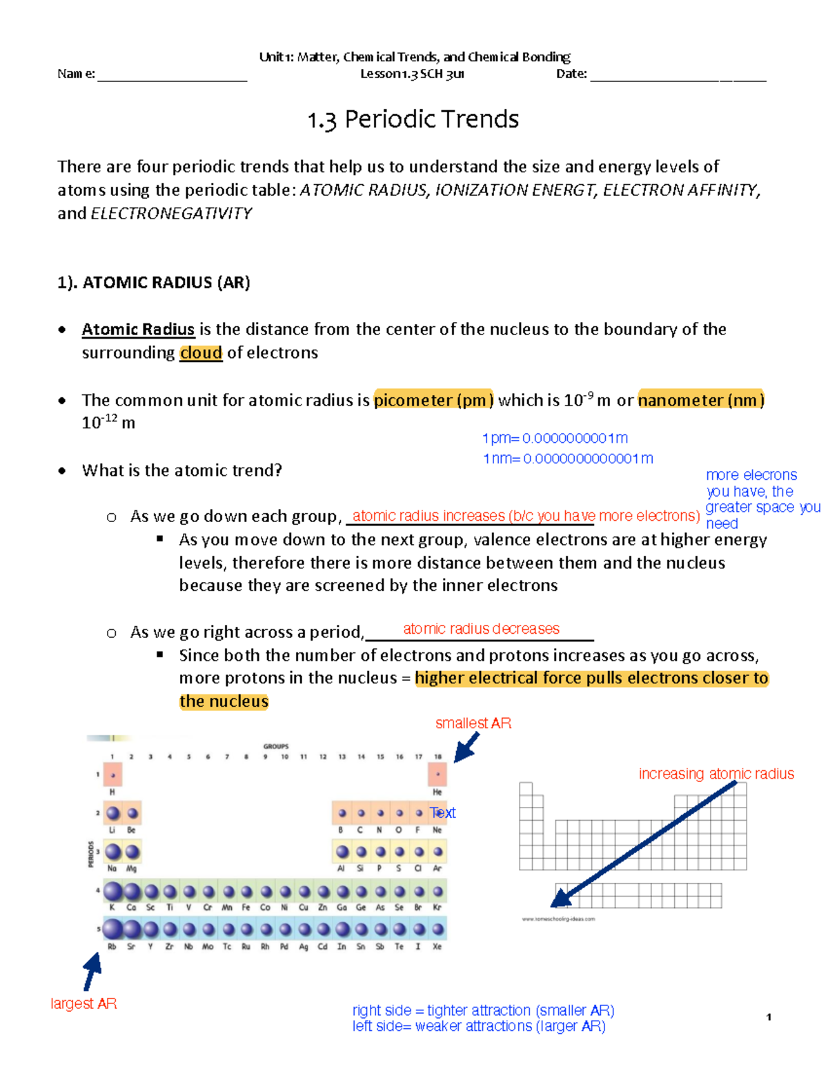 1.3 - Periodic Trends - Name: ______________________ Lesson 1 SCH 3u1 ...