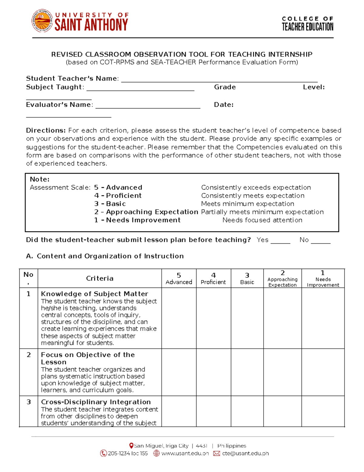 Revised Classroom Observation Tool short - REVISED CLASSROOM ...