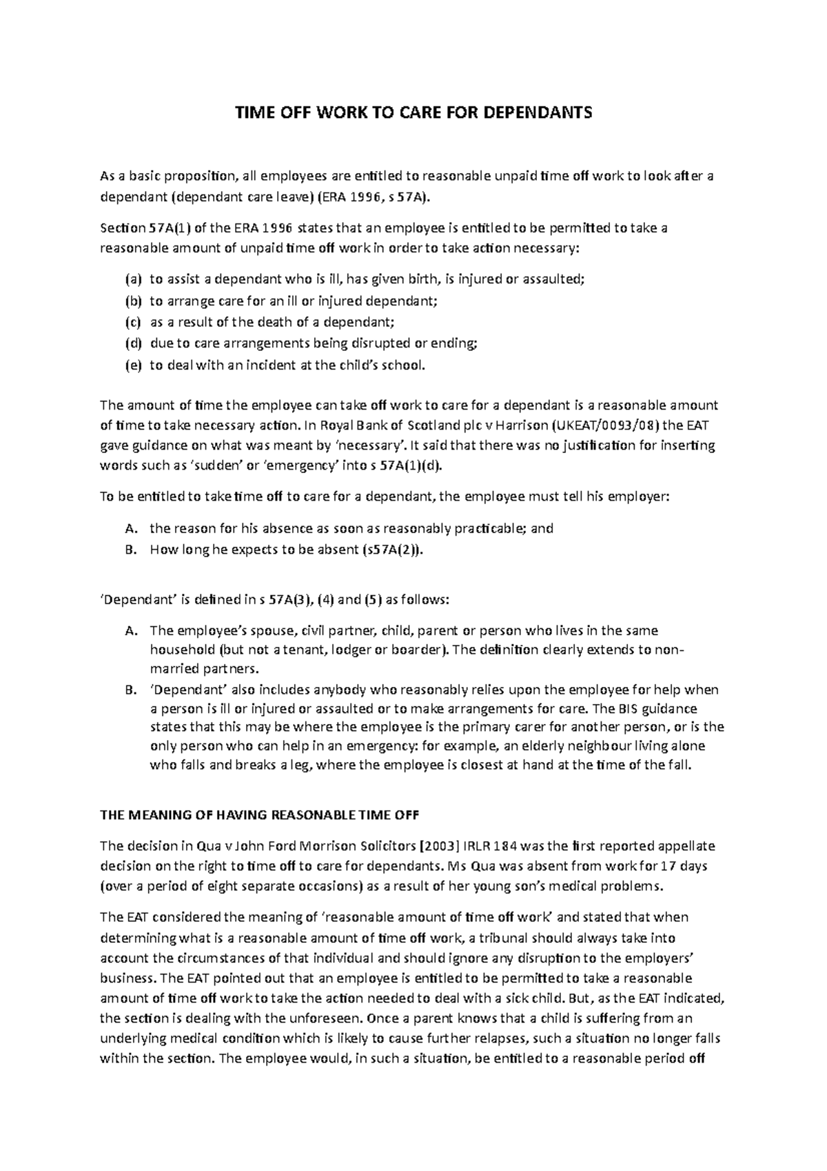 TIME OFF FOR Dependants - TIME OFF WORK TO CARE FOR DEPENDANTS As a ...