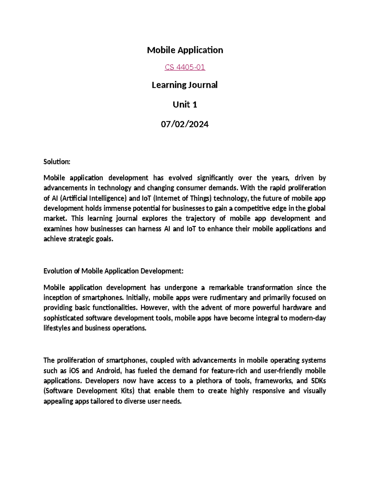 Mobile Application Learning Journal unit 1 - Mobile Application CS 4405- Learning Journal Unit 1 ...