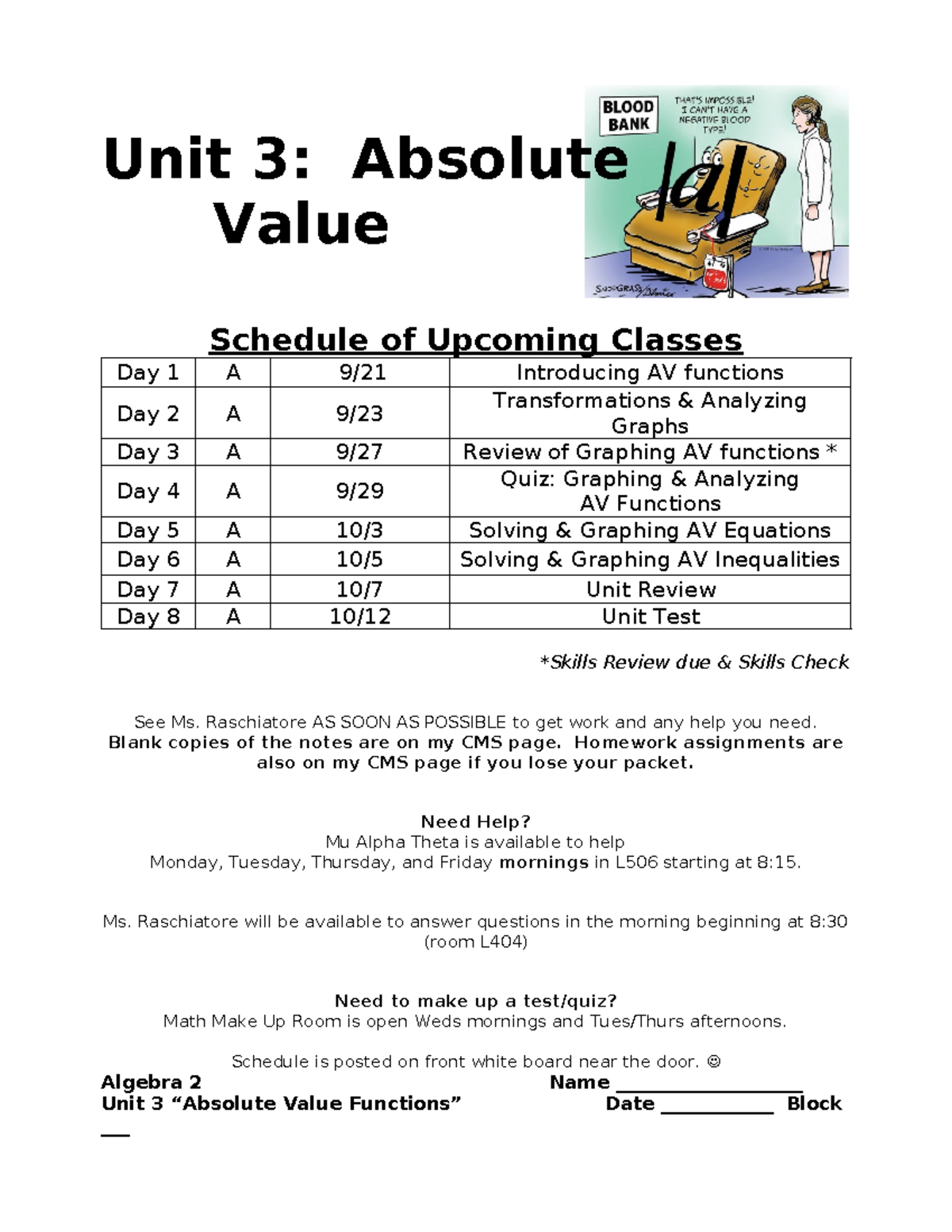 Notes Packet Absolute Value Functions - Unit 3: Absolute Value Schedule ...