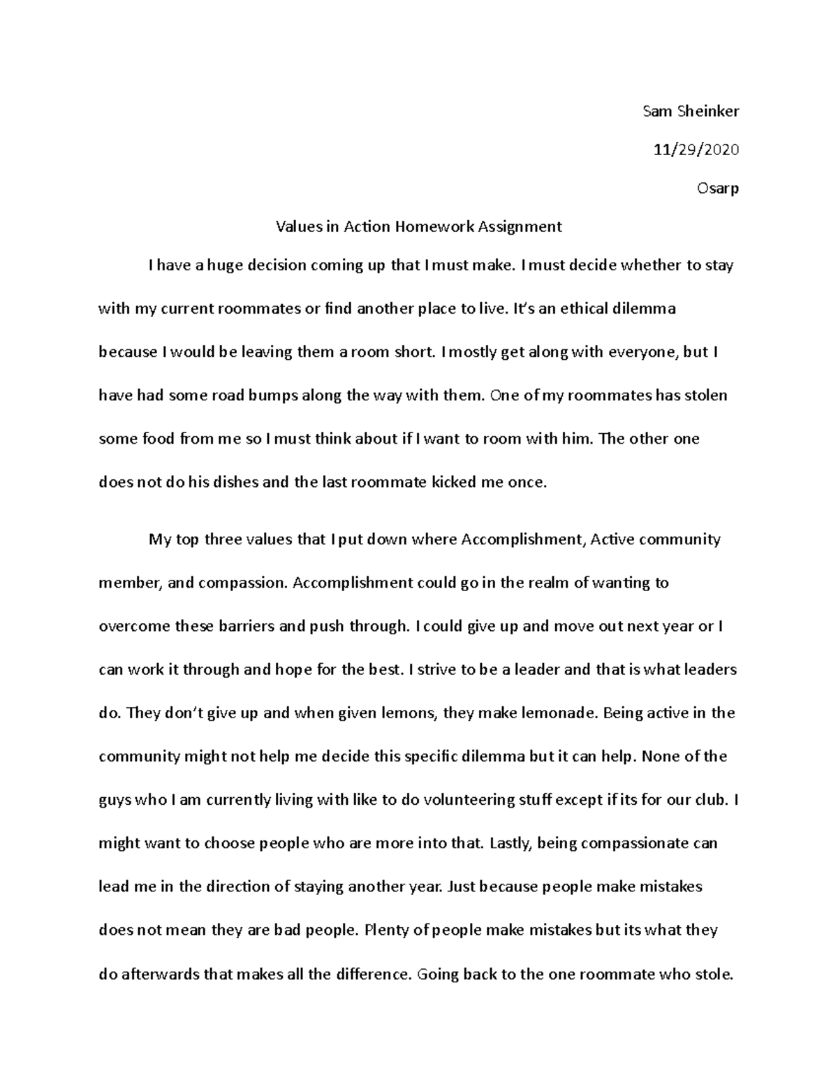 Values Workbook Values Homework - Sam Sheinker Osarp Values in Action ...