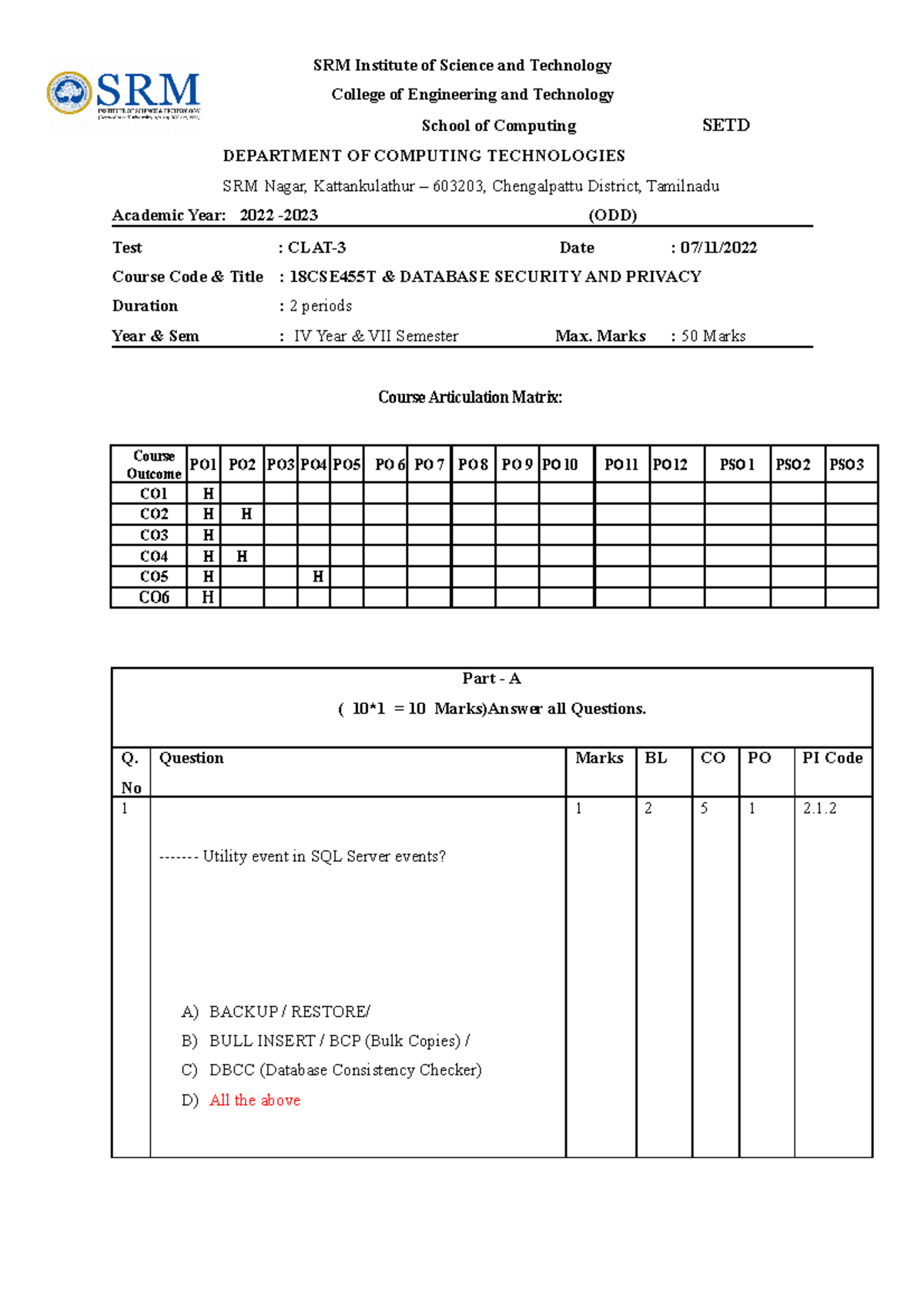 Ct3 Set D Answer Key Srm Institute Of Science And Technology College Of Engineering And