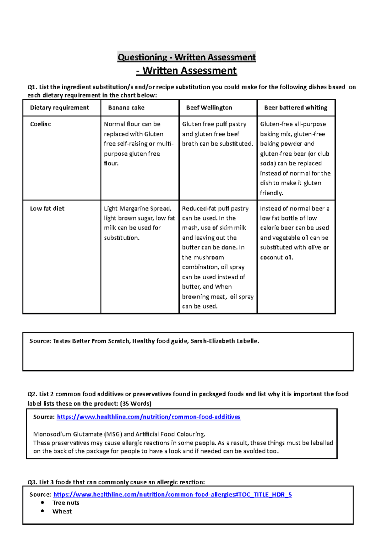 Written questions for the assessment - Questioning - Written Assessment ...