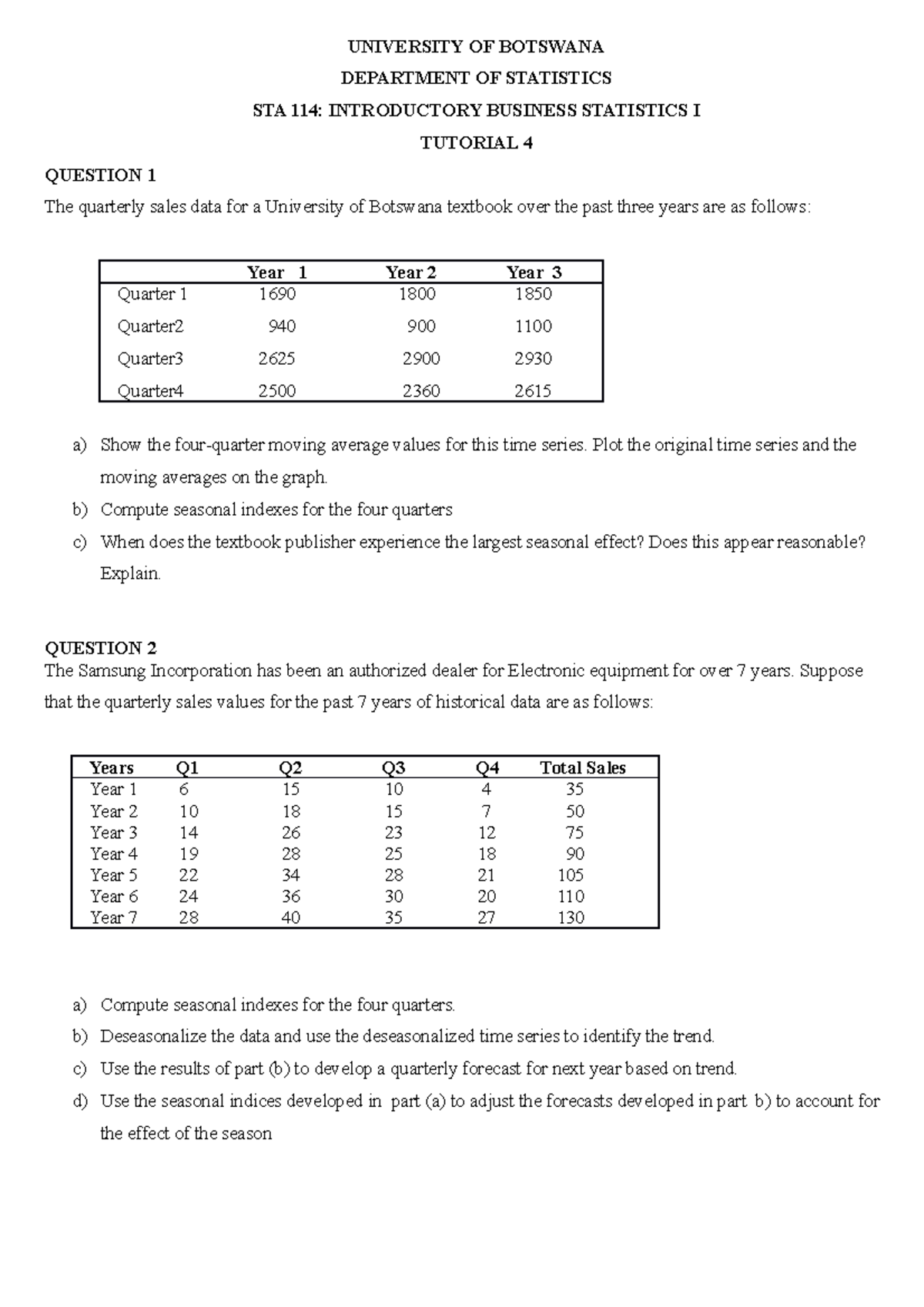 Sta 114 Tutorial 4 University Of Botswana Department Of Statistics Sta 114 Introductory 8787