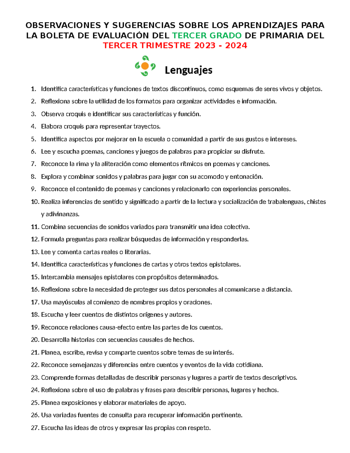 observaciones de boletas de la SEP fase 3 - OBSERVACIONES Y SUGERENCIAS SOBRE LOS APRENDIZAJES ...