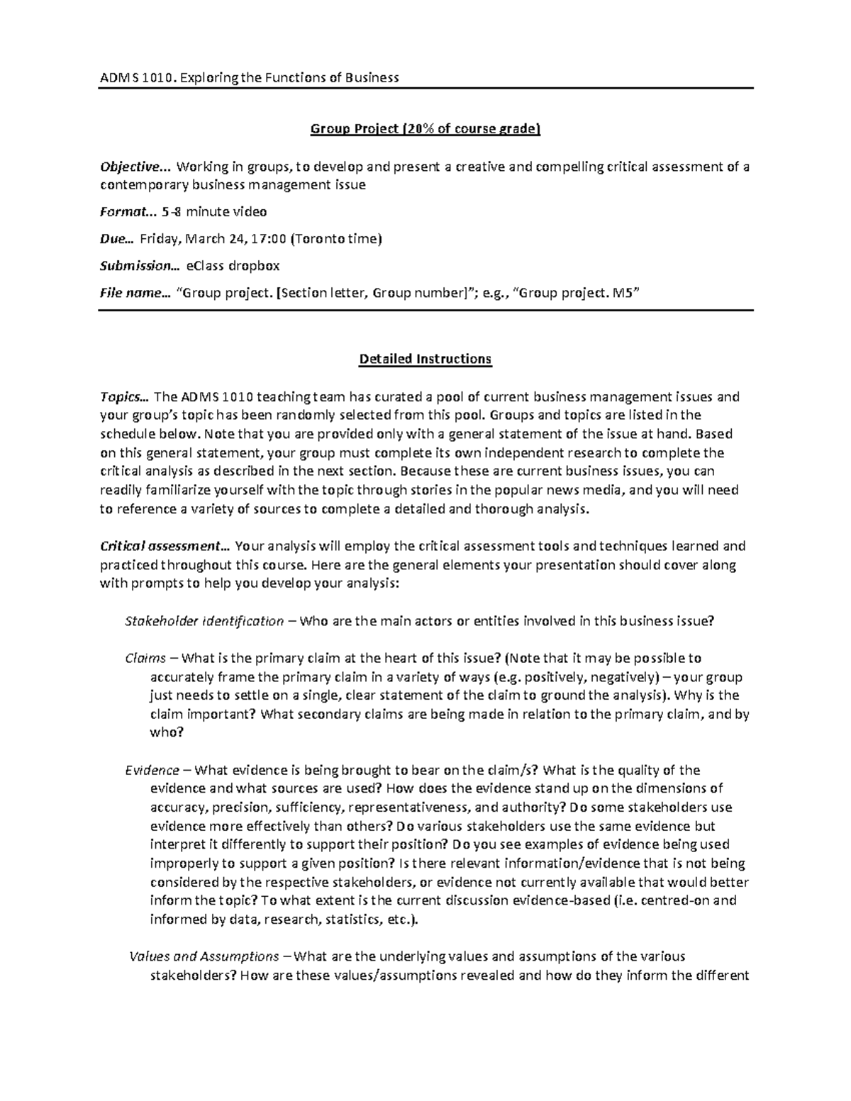 5. Group Project Guidelines - Group Project (20% of course grade) Objective... Working in groups ...