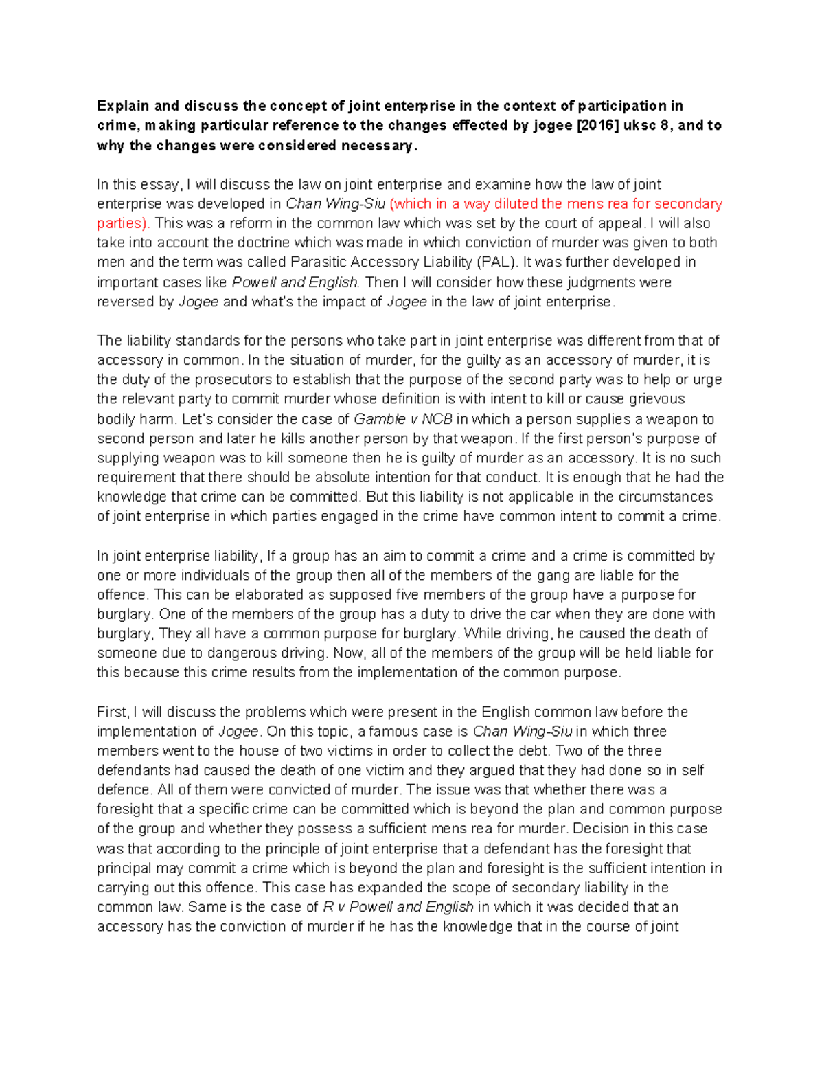 Jogee - Explain and discuss the concept of joint enterprise in the ...