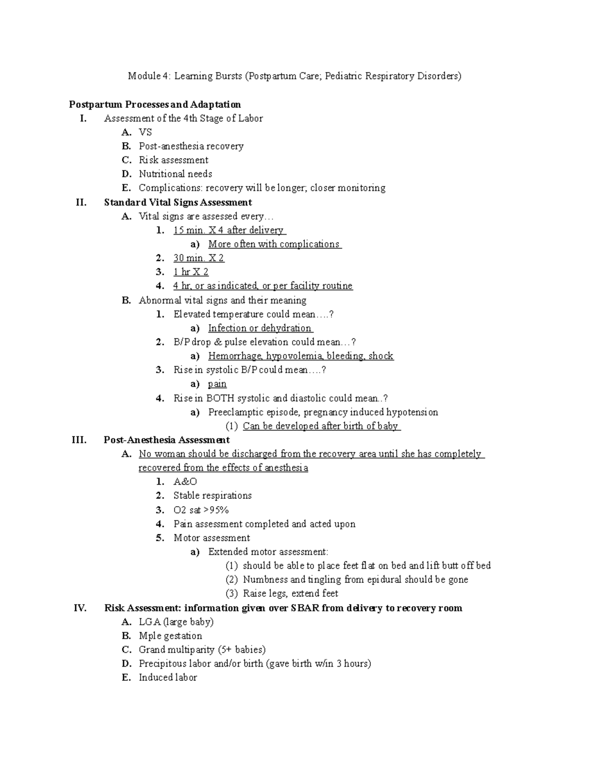 Module 4 Learning Bursts (Postpartum Care; Pediatric Respiratory ...