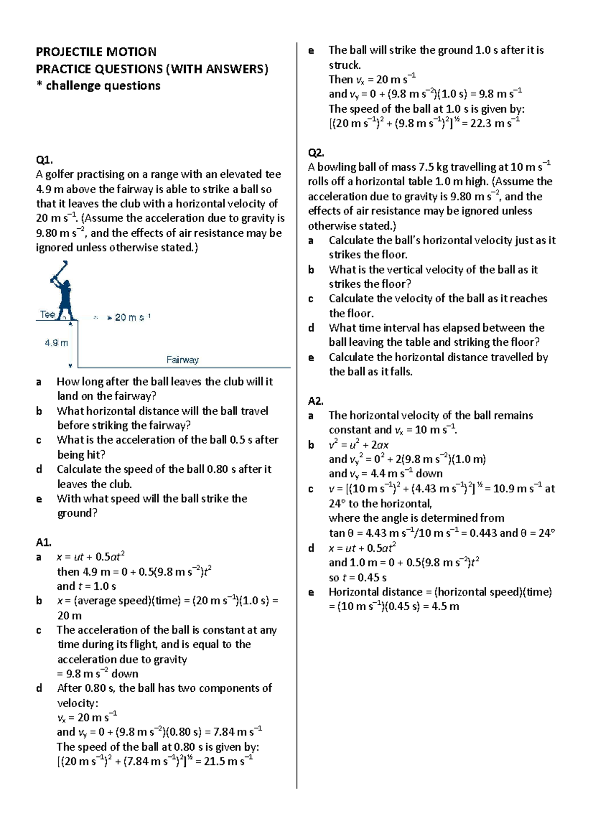 Projectile Motion Practice Questions WIT - PROJECTILE MOTION PRACTICE ...