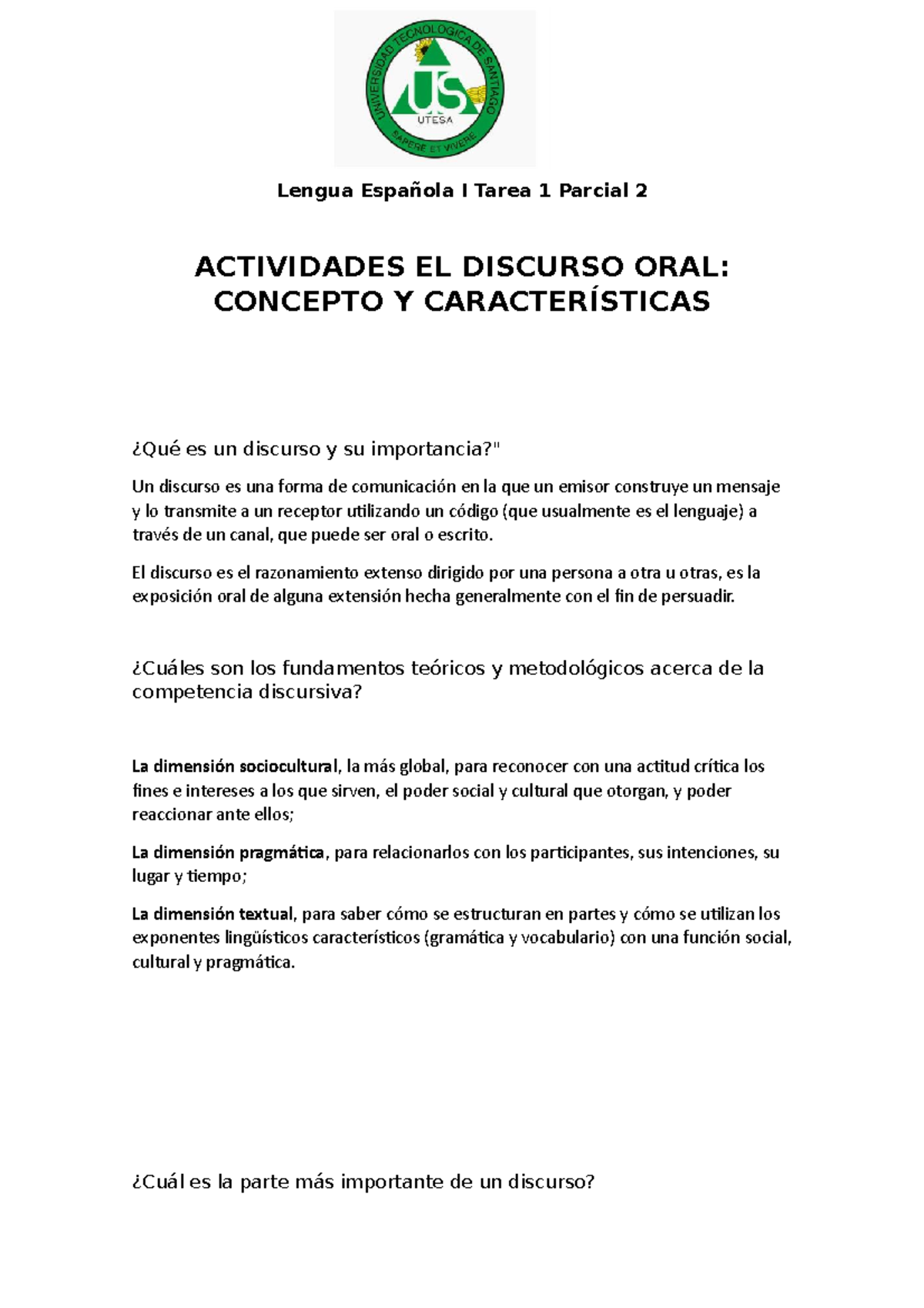 El discurso - Lengua Española I Tarea 1 Parcial 2 ACTIVIDADES EL ...