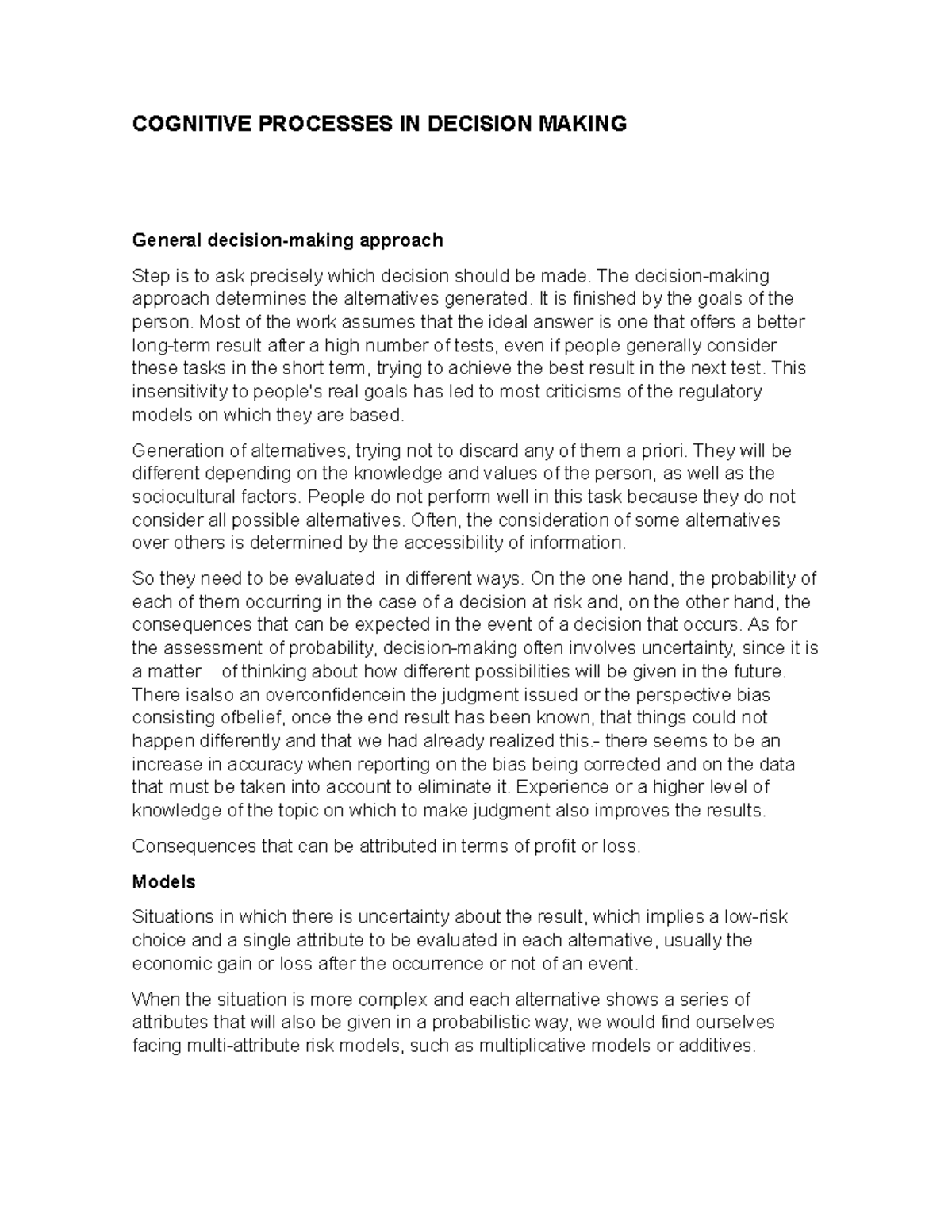 Cognitive processes in decision making - COGNITIVE PROCESSES IN ...