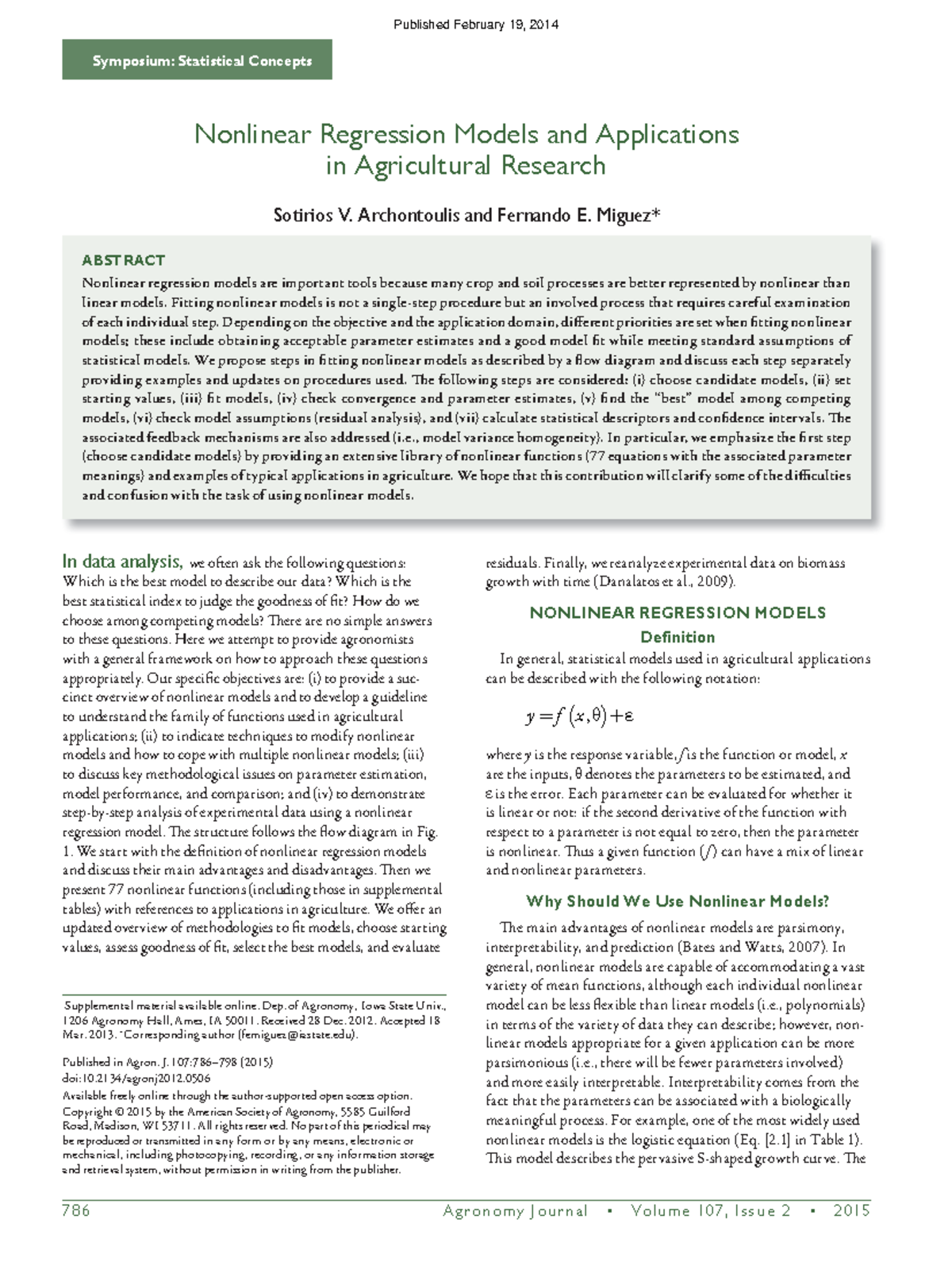 Nonlinear Regression Models Symposium Statistical Concepts Nonlinear Regression Models And