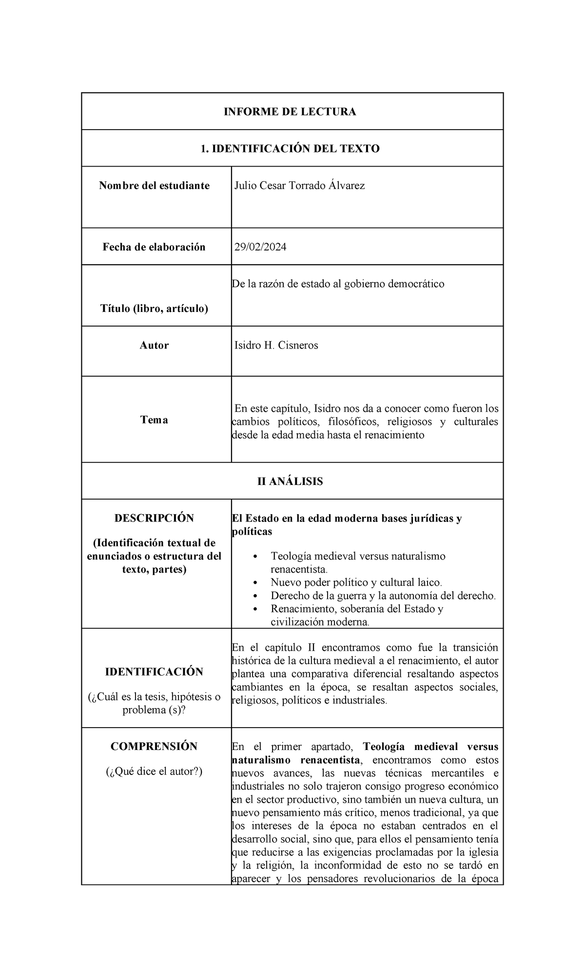 Informe DE Lectura - INFORME DE LECTURA 1. IDENTIFICACIÓN DEL TEXTO ...